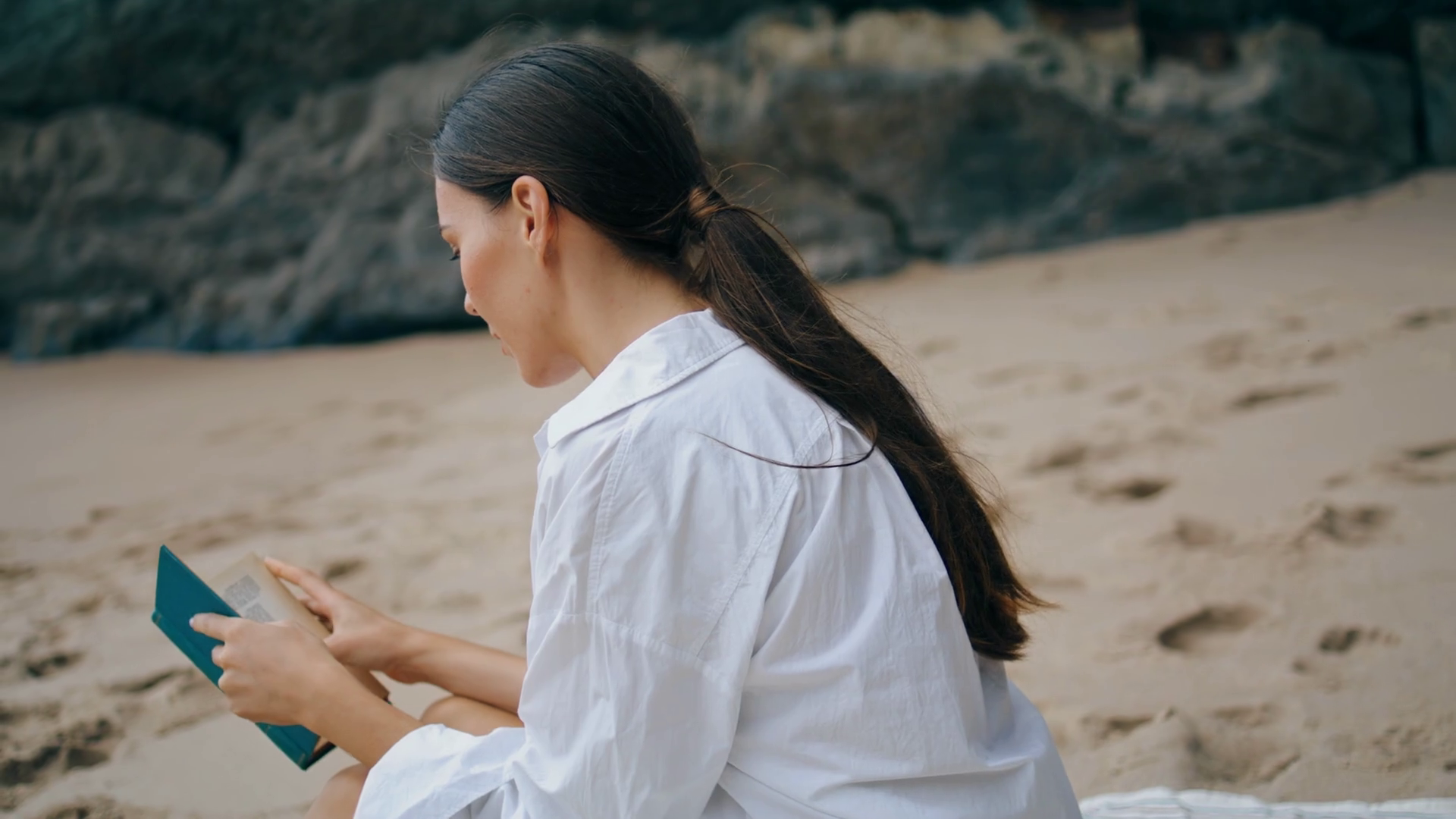 Young Woman Reading Book Sitting Sandy Beach Stock Footage SBV ...