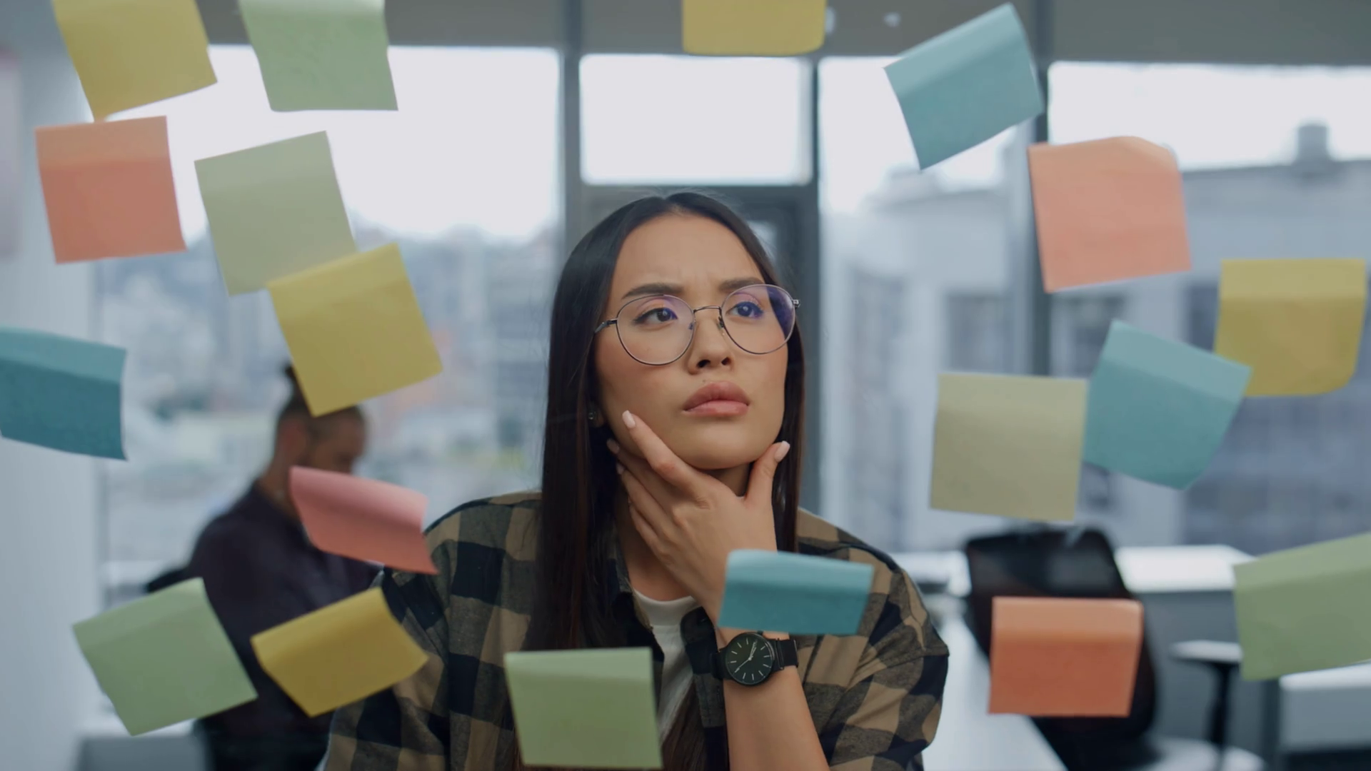 Thoughtful Freelancer Pondering Sticker Wall Stock Footage SBV ...