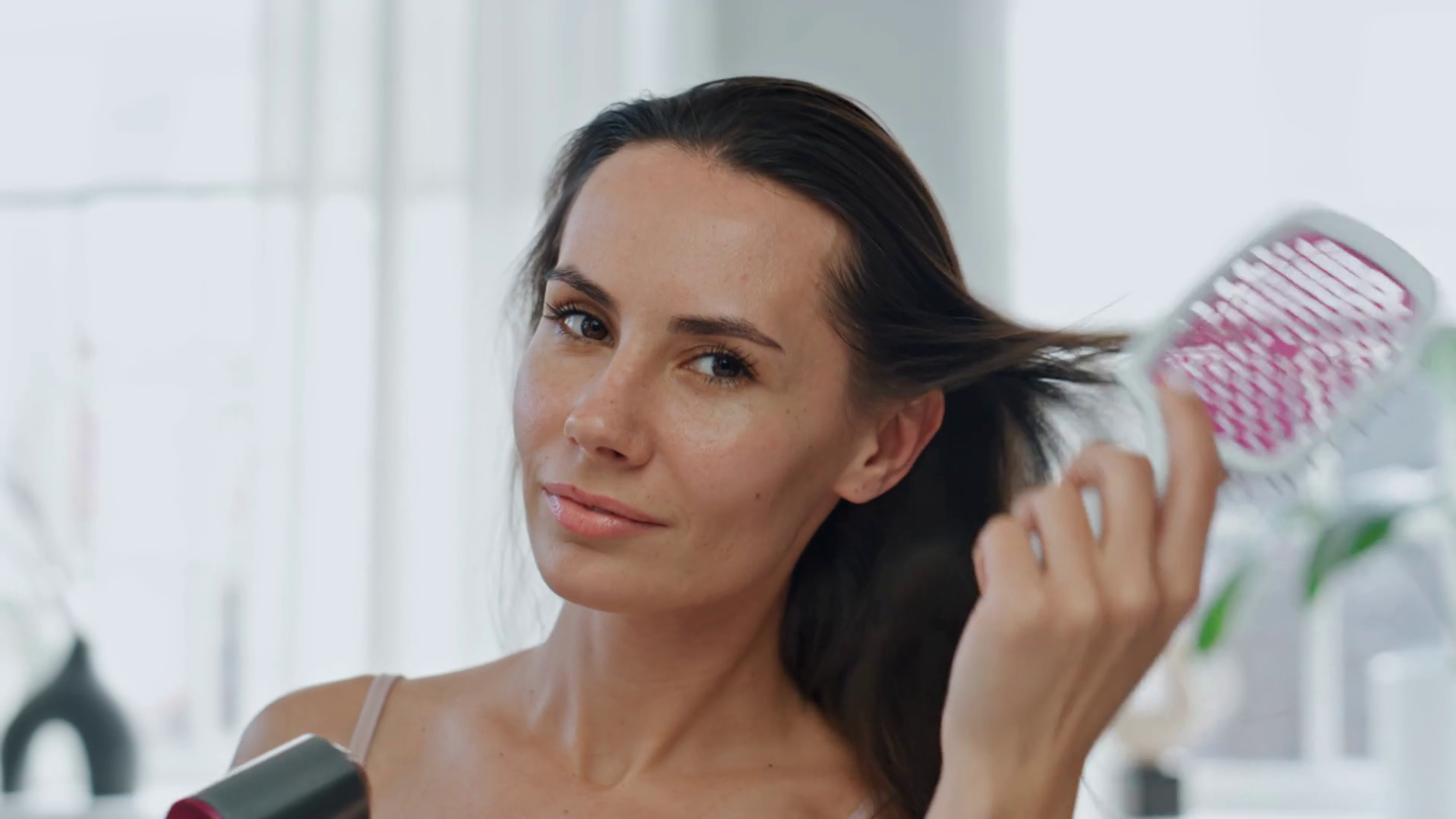 Positive Model Drying Hair Smiling Indoors Stock Footage SBV-347596675 ...