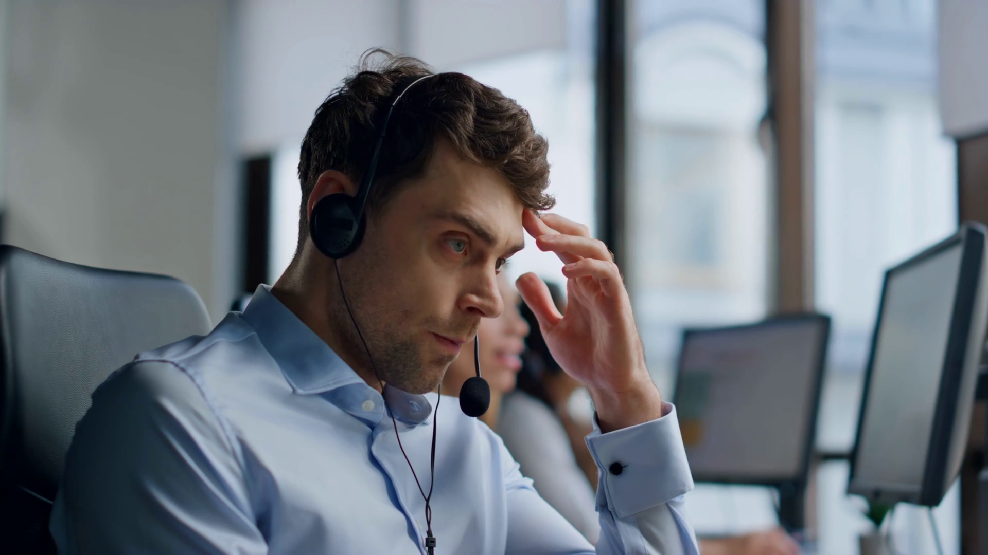 Nervous Man Talking Headset In Call Center Stock Footage SBV-347700918 ...