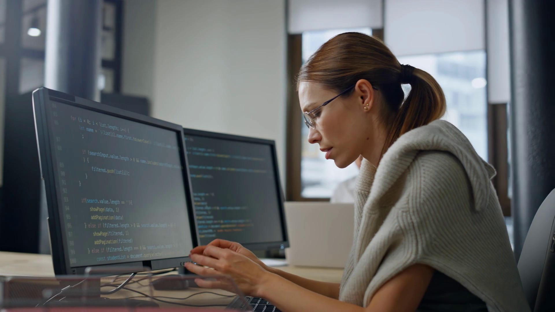 Smiling Woman Programming Software In Office Stock Footage SBV ...