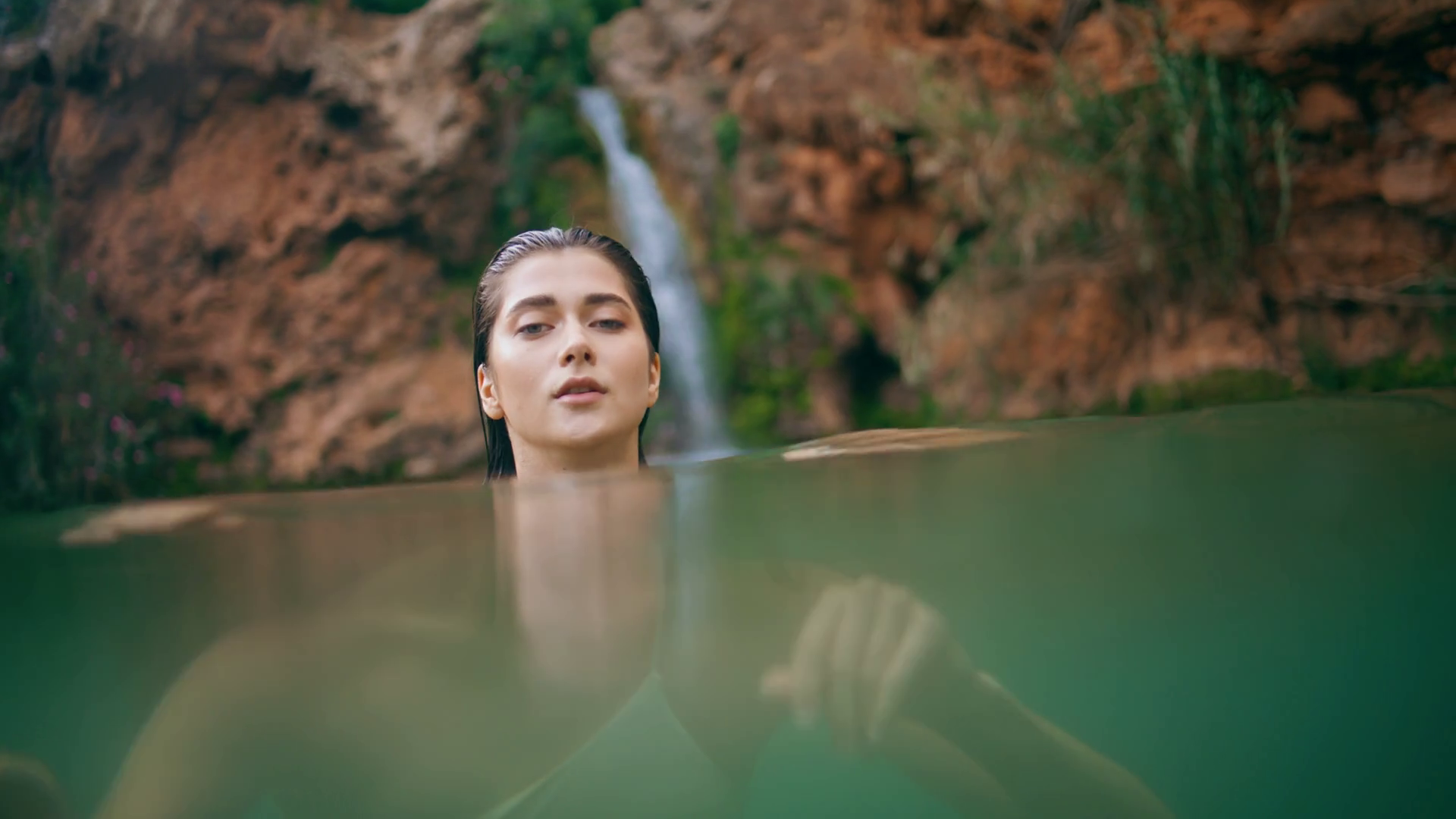 Portrait Swimming Woman Posing At Lagoon Stock Footage SBV-348686989 ...
