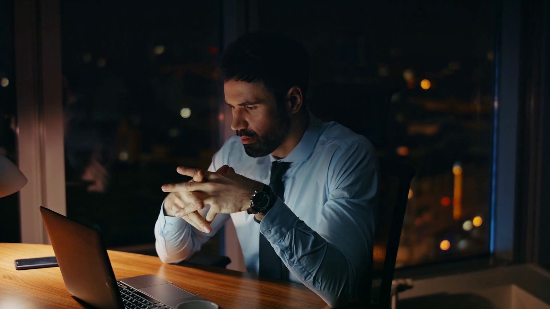 Worried Manager Sitting At Night Workplace Stock Footage SBV-348760651 ...