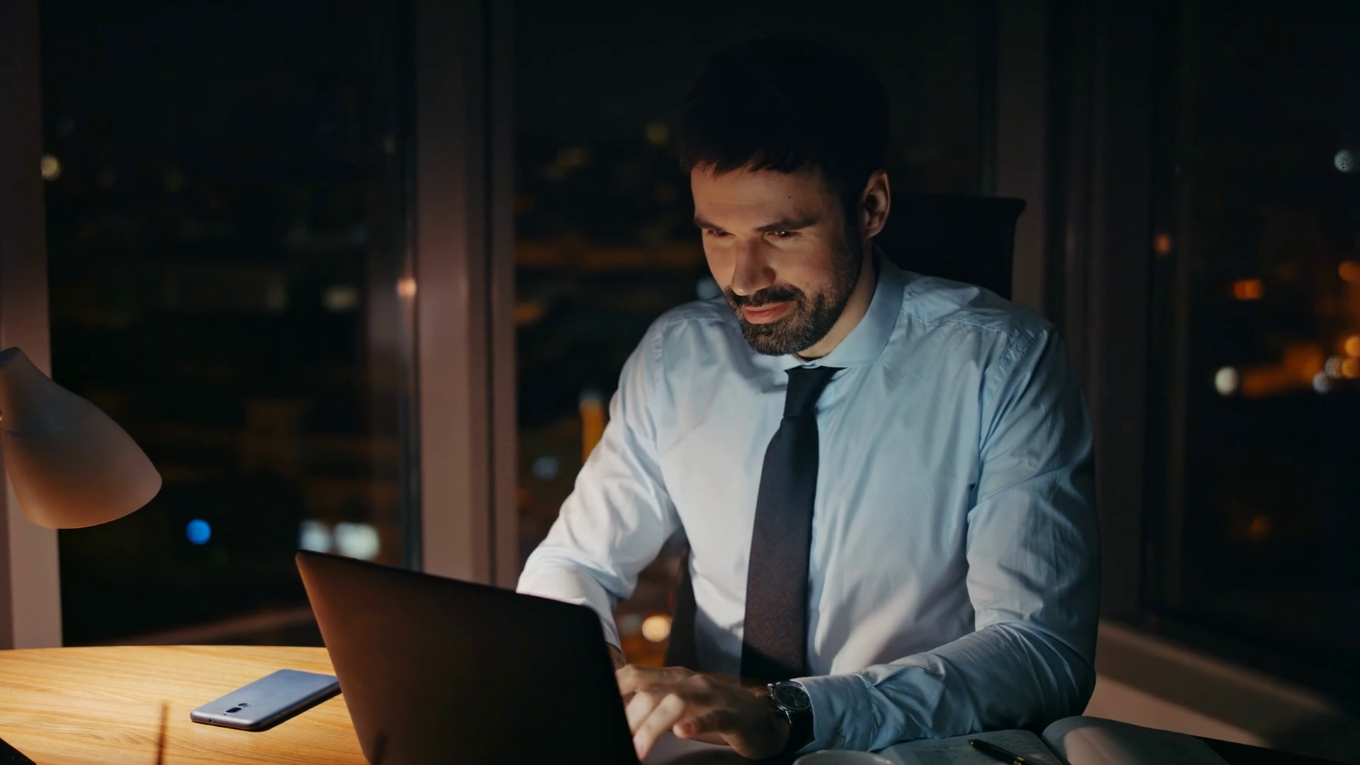 Male Workaholic Working Late Evening On Stock Footage SBV-348760689 ...