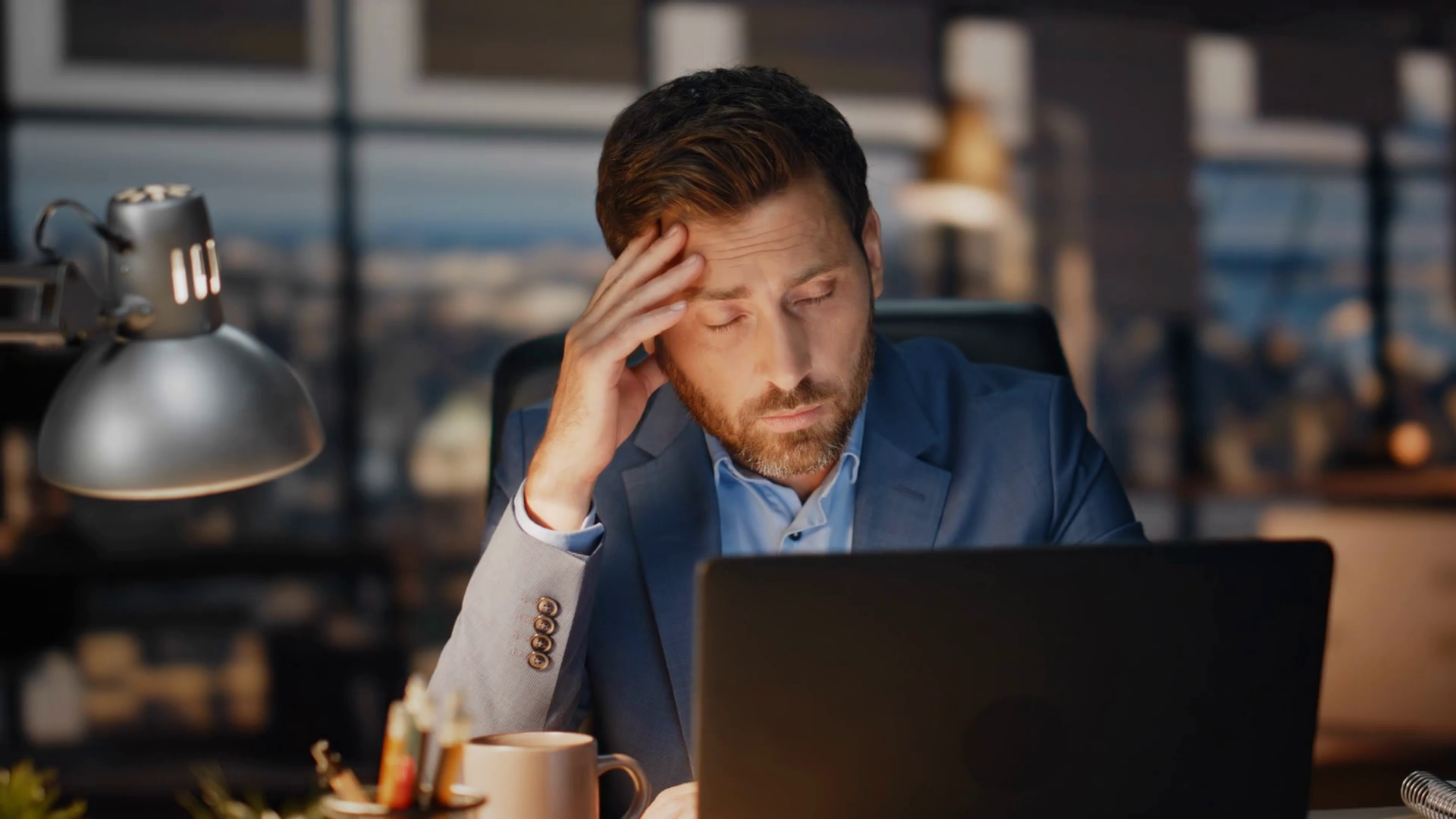 Exhausted Man Working Laptop In Late Night Stock Footage SBV-348856171 ...