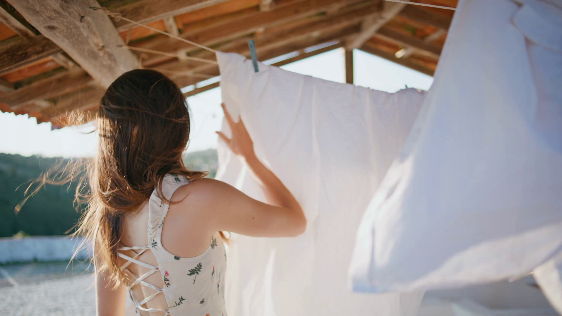 Brunette Lady Touching Linen Enjoying Stock Footage SBV-348767374 ...