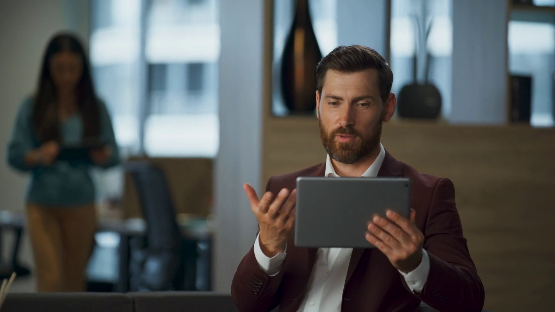 Focused Professional Ceo Talking Tablet Stock Footage SBV-348810222 ...