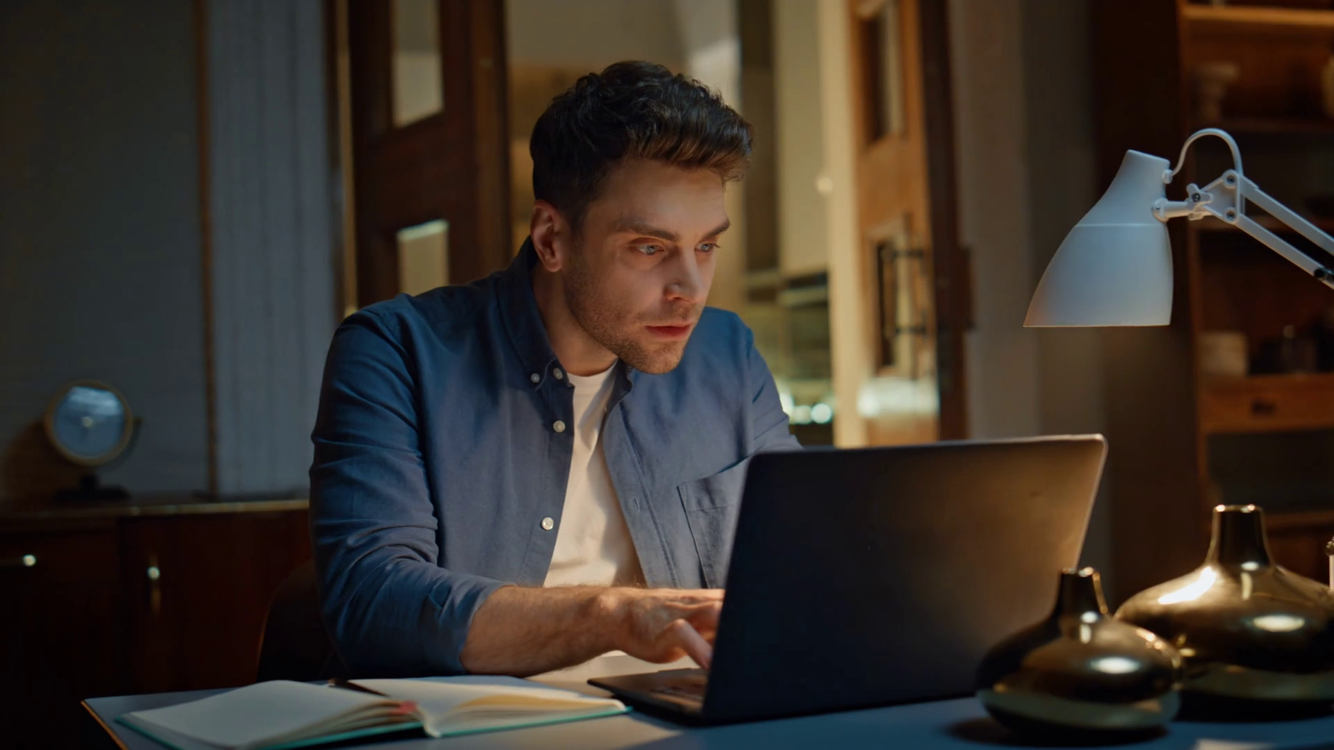 Focused Man Staring Computer Reading Email Stock Footage SBV-348959354 ...