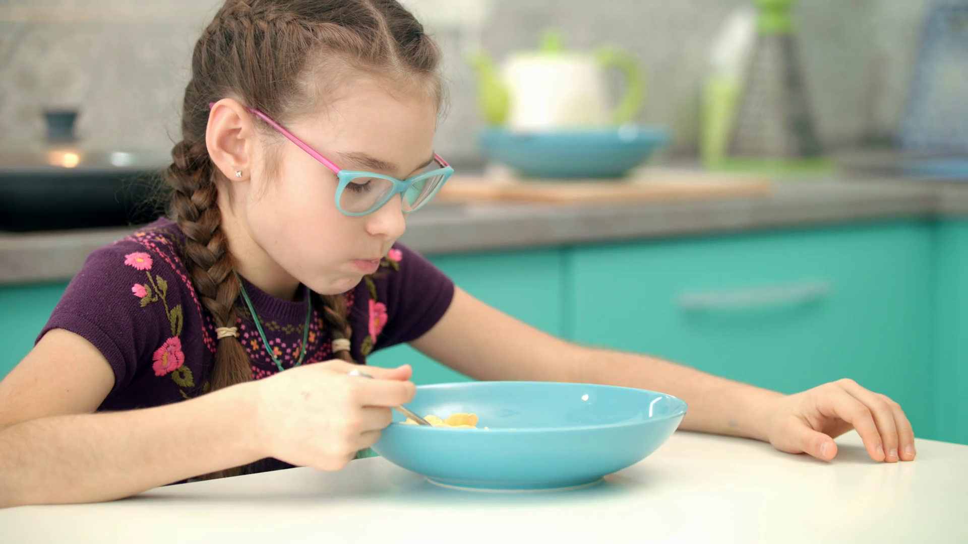 Girl Eating Corn Flakes At Kitchen Close Up Stock Footage SBV-330869066 ...