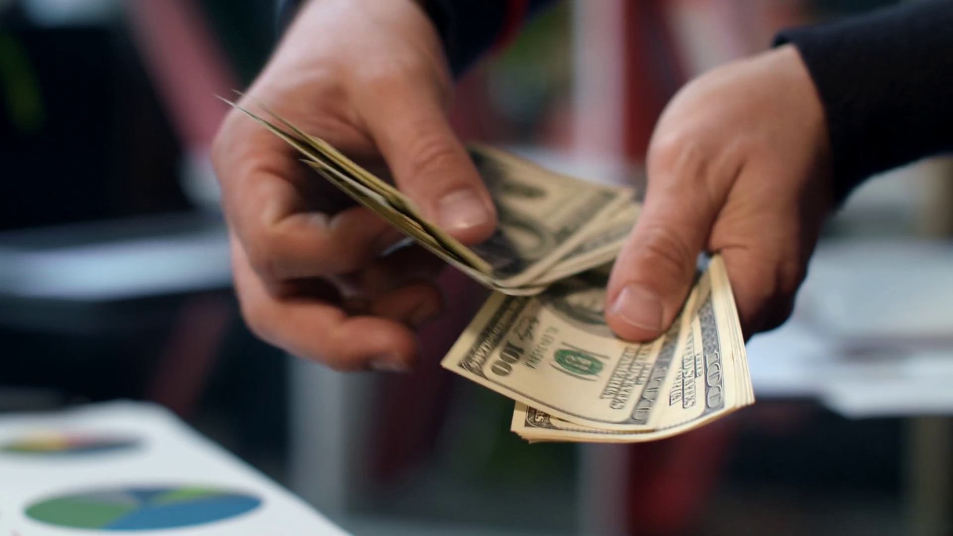 Male hands count cash money in bank office. Close up of man hands count ...