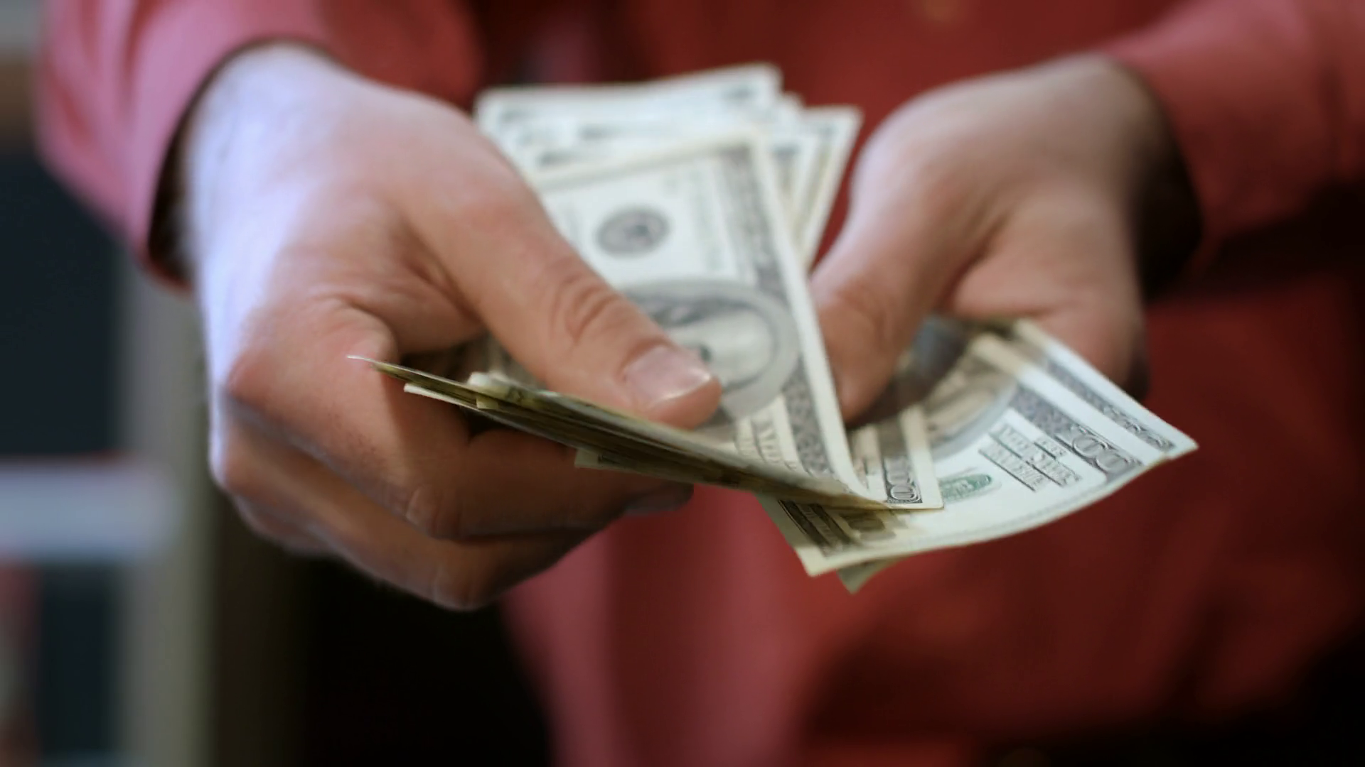 Man counting dollar bills. Close up of male hands count money cash ...