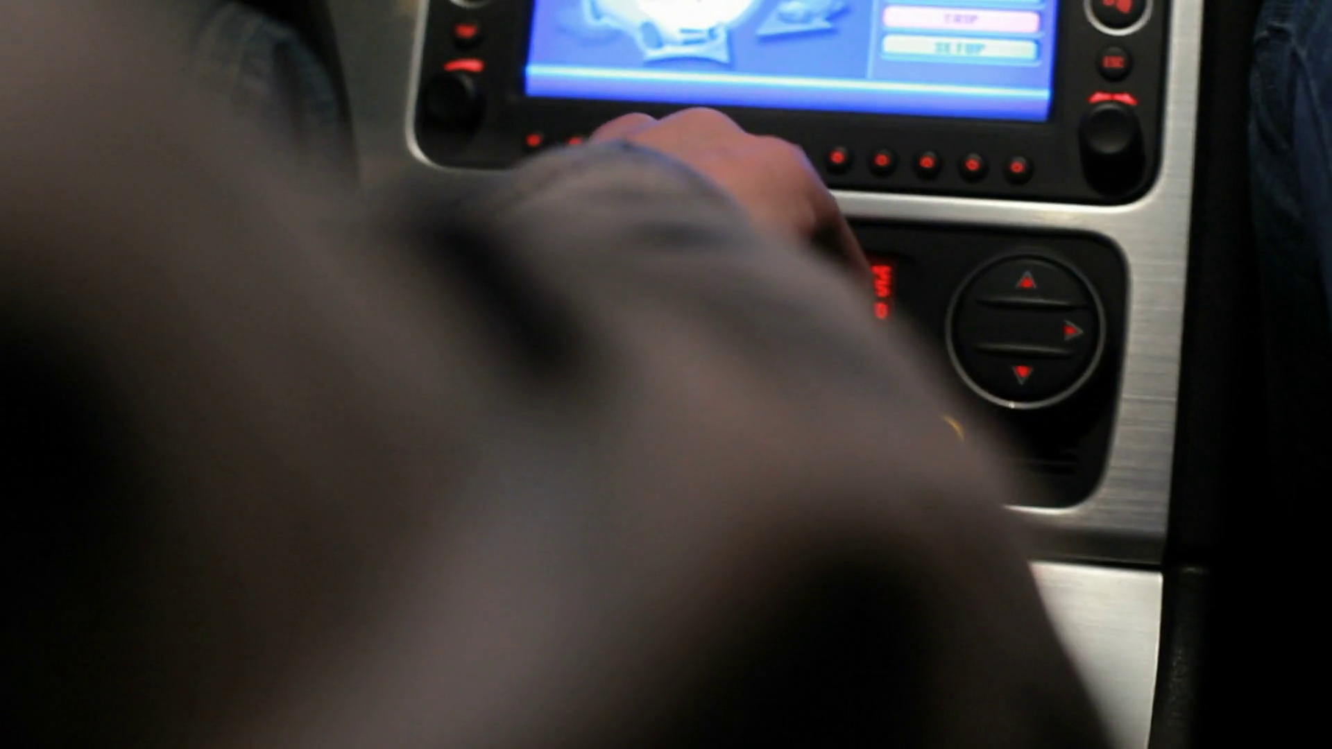 Man's hand switches manual transmission in car. Digital dashboard in ...