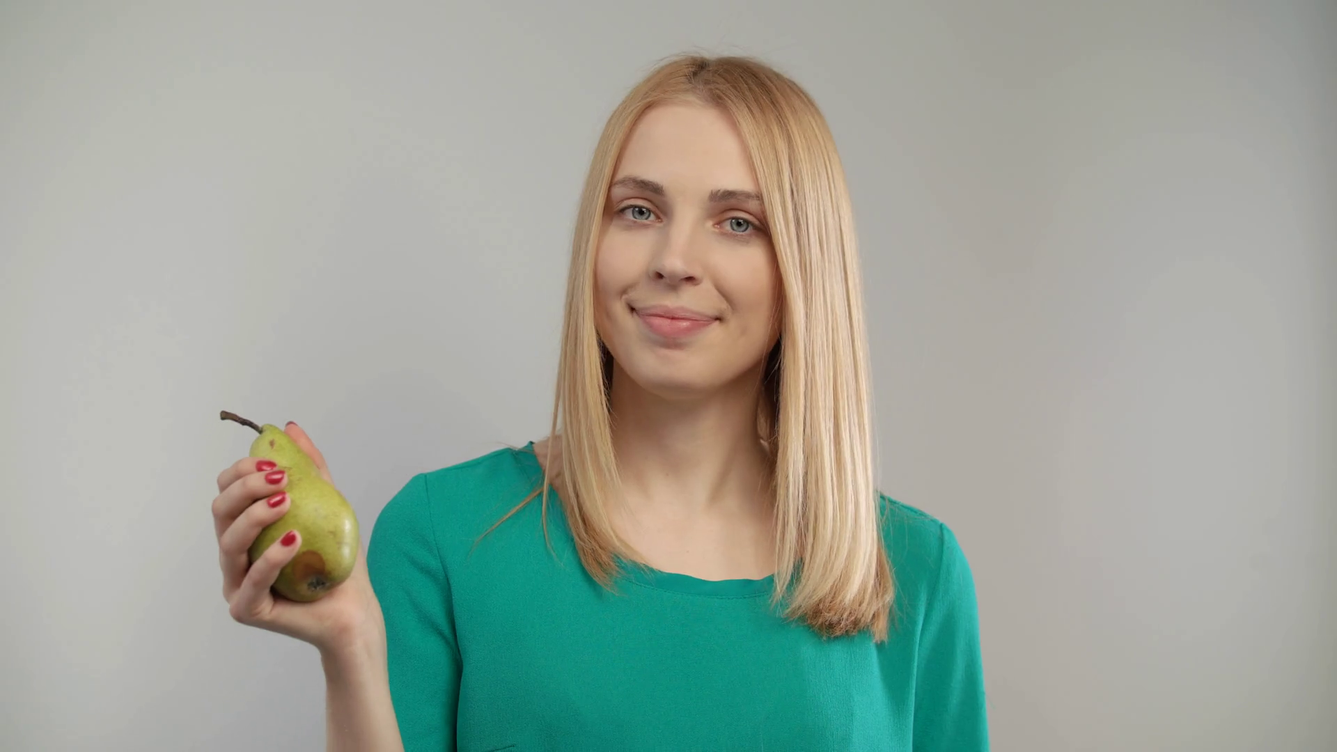 Portrait Of Blonde Woman Eat Pear At White Stock Footage SBV-323076620 ...