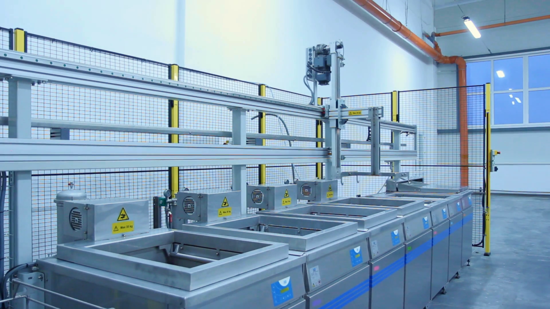 Production line with movable conveyor machine. Industrial equipment at ...