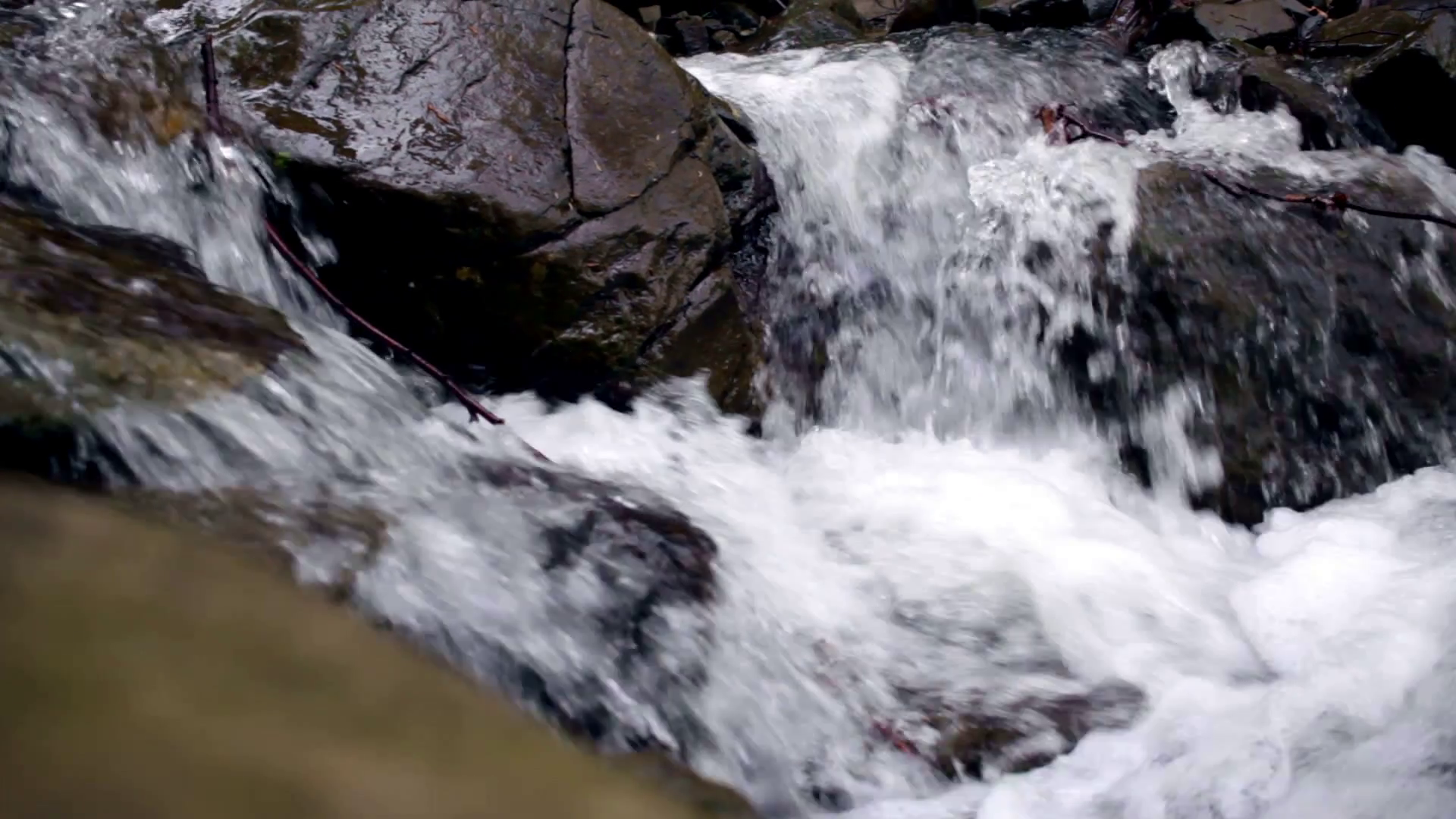 Water Stream Flow Among Stones Clear Water Quickly Fall Downhill