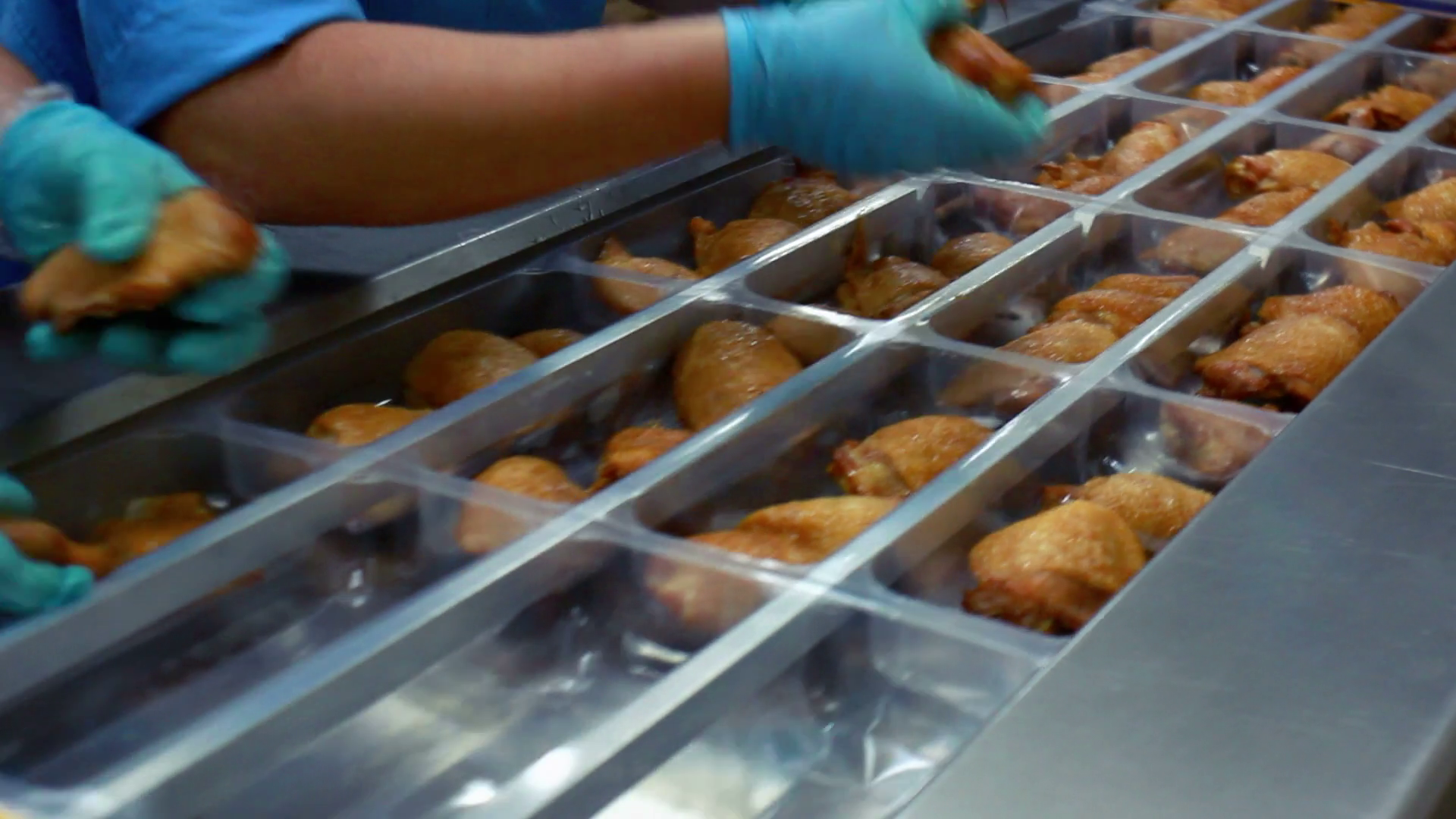 Worker putting grilled chicken meat in tray on conveyor belt. Poultry ...