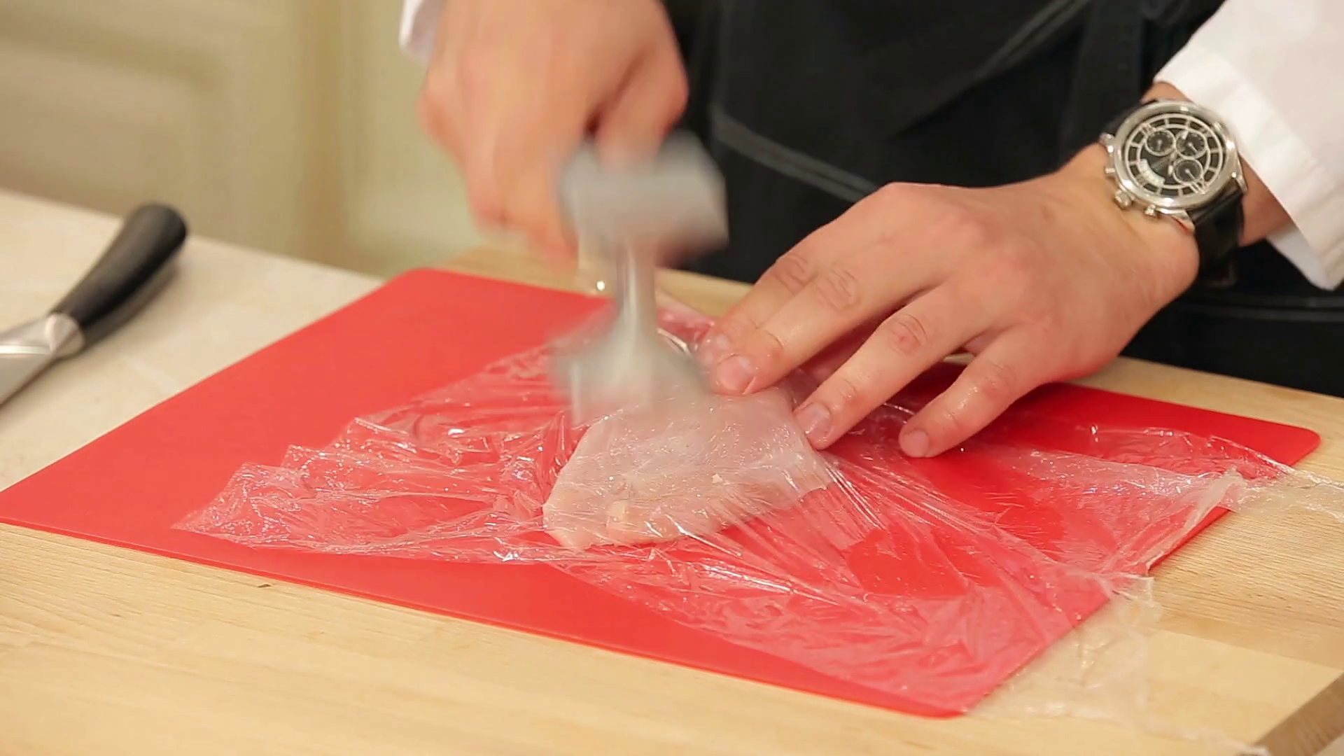 Chef Beating Chicken Fillet With Meat Stock Footage SBV-306186713 ...