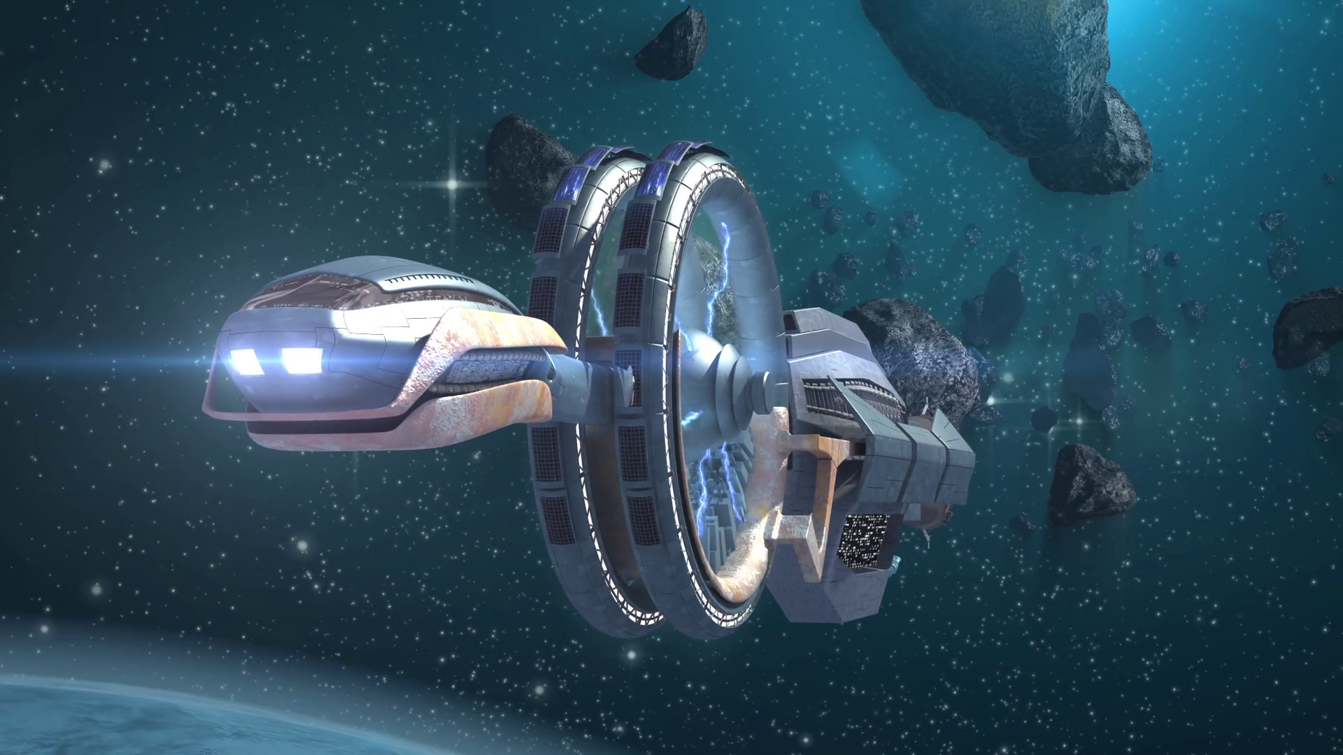 3D Animation of a space probe with an energy wheel, exiting a meteor ...