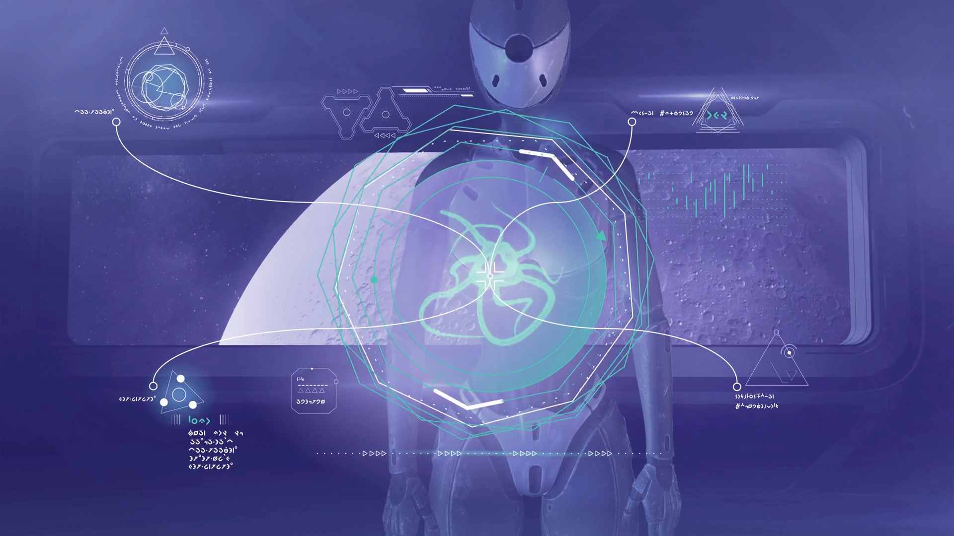 An alien robot is analyzing data on an unknown living organism, 3D ...