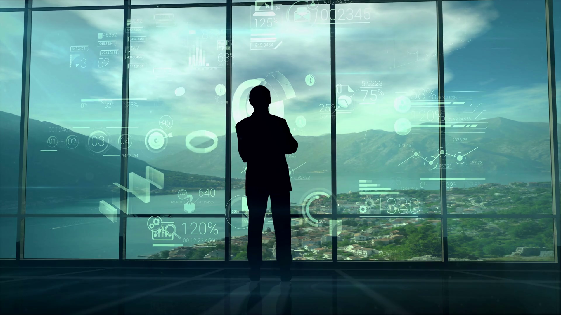 Businessman silhouette and infographics of the future Motion Background ...