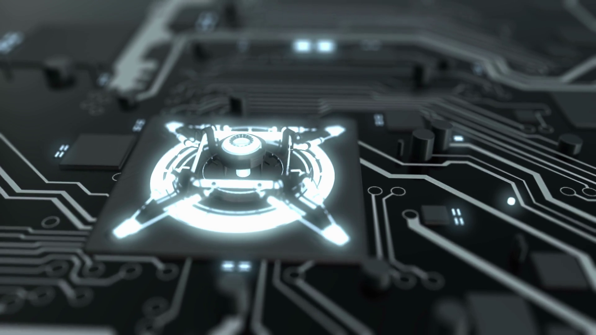 Flying over a stylized computer motherboard. Generic computer ...