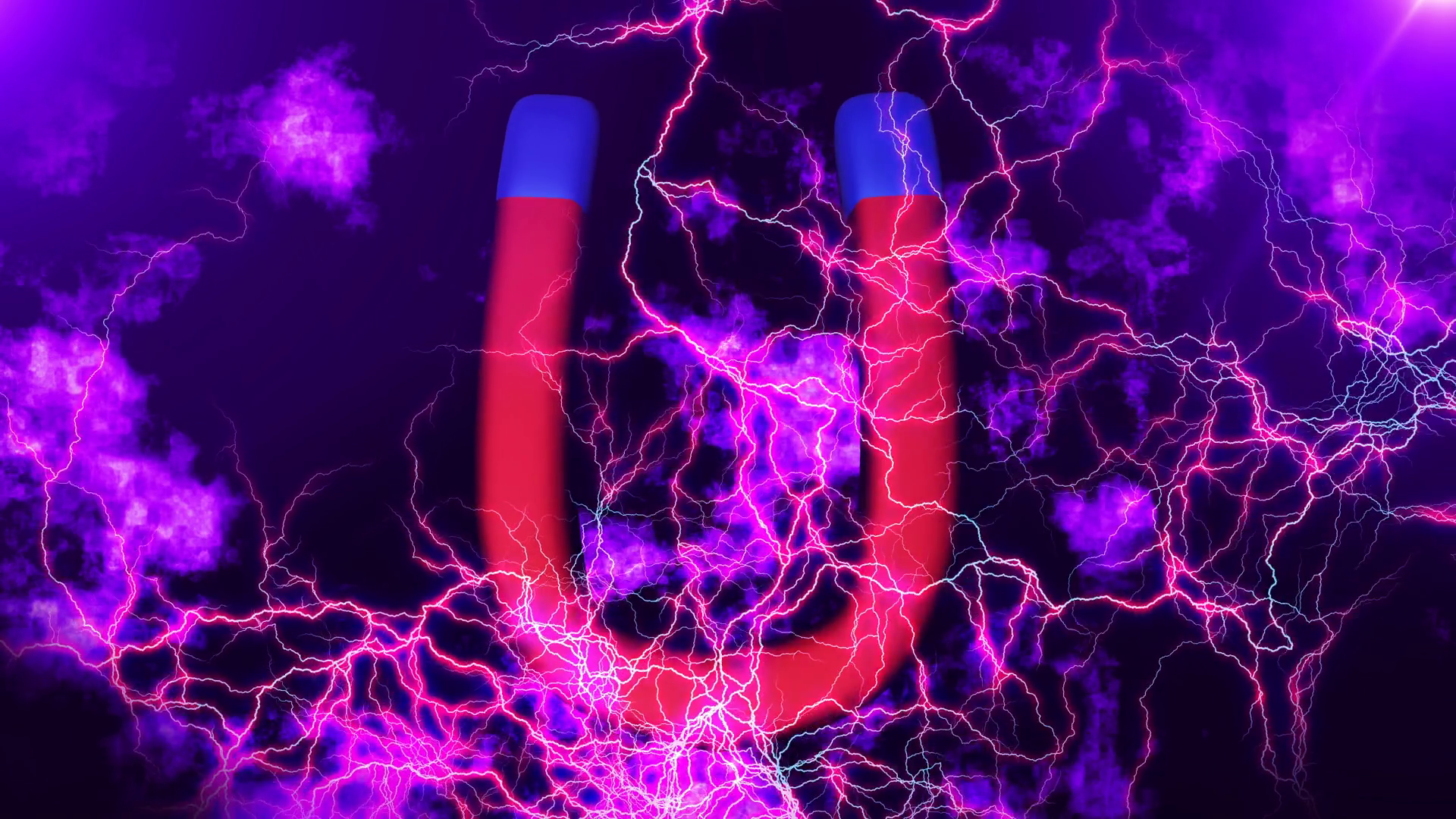 Red and blue horseshoe magnet rotates in glowing high energy lightning ...