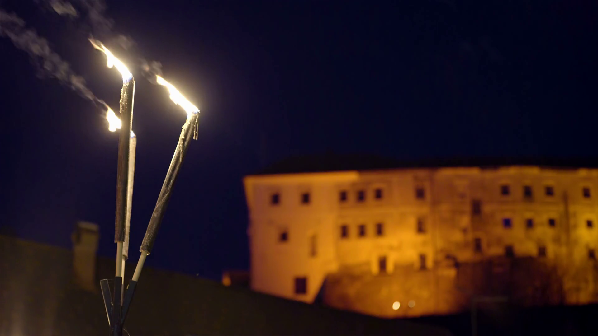 Burning Torches With Old Castle In Stock Footage SBV-338978953 ...
