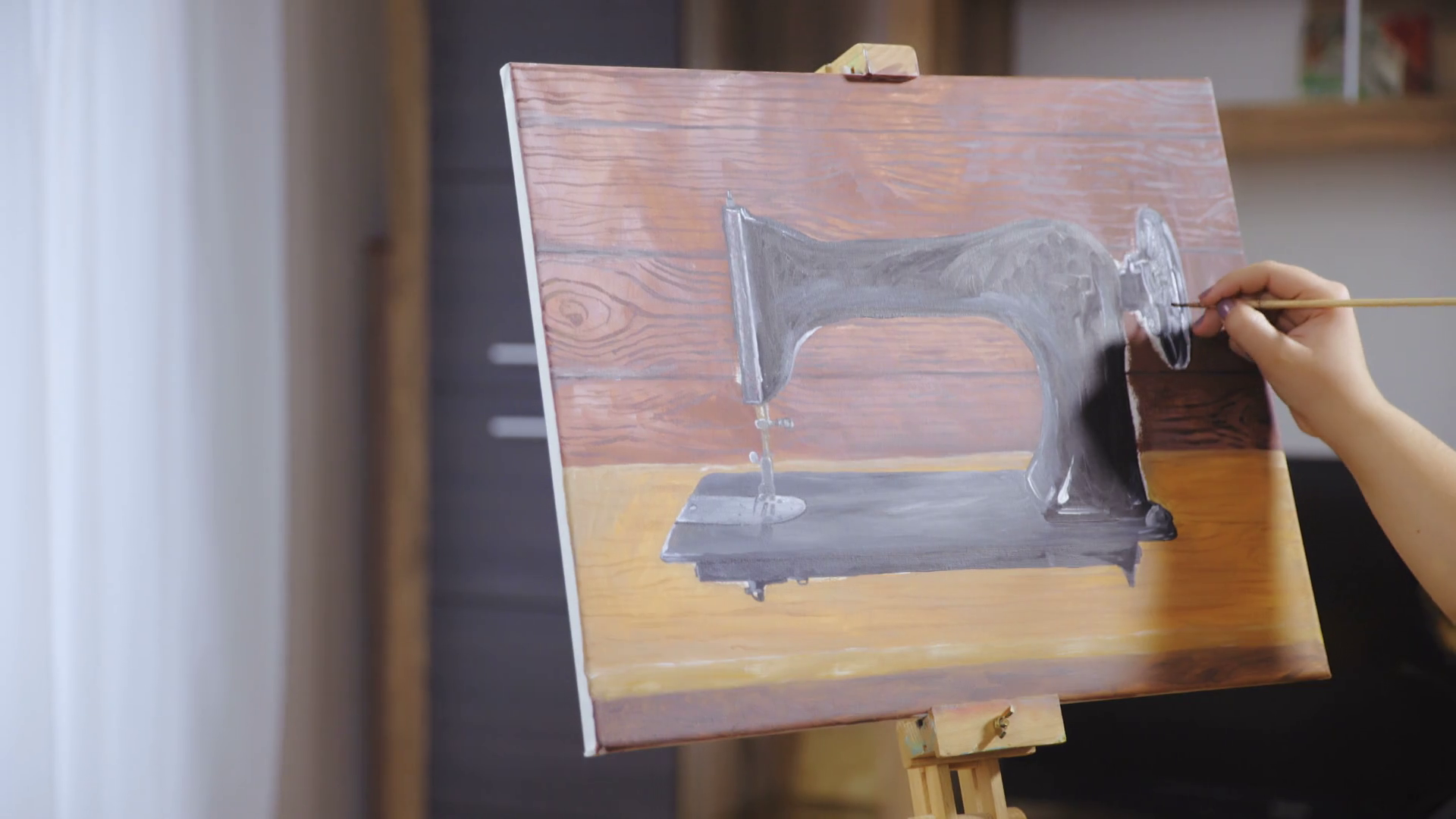 Painted Old Sewing Machine On Canvas Close Stock Footage SBV-347756133 ...