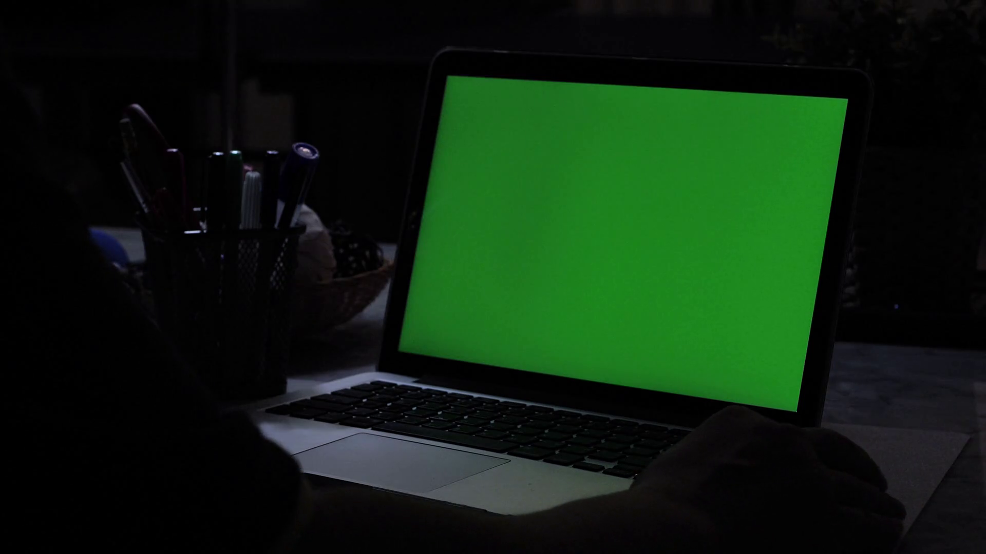 Laptop With Green Screen Dark Office Stock Footage SBV-334390392 ...