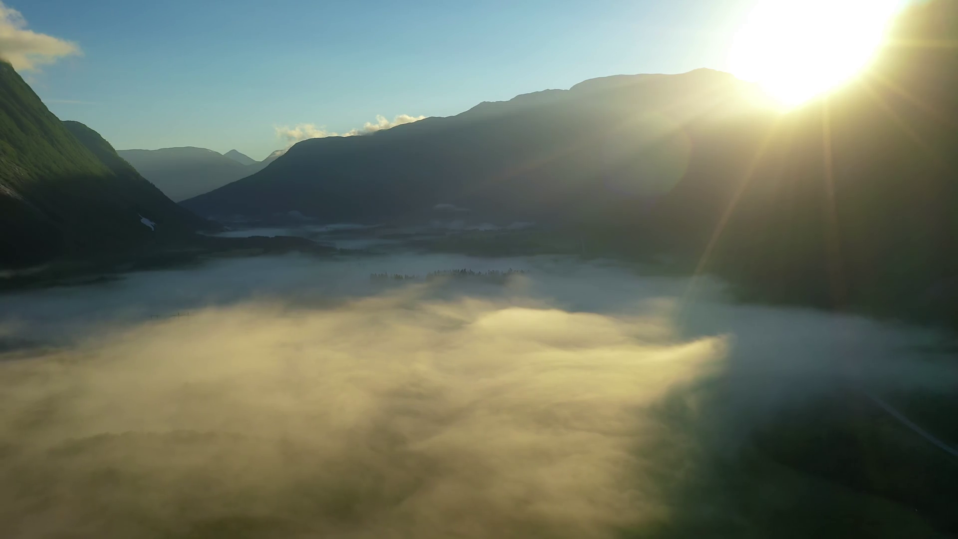 Morning Mist Over Valley In Sunlight Aerial Stock Footage SBV-337981943 ...