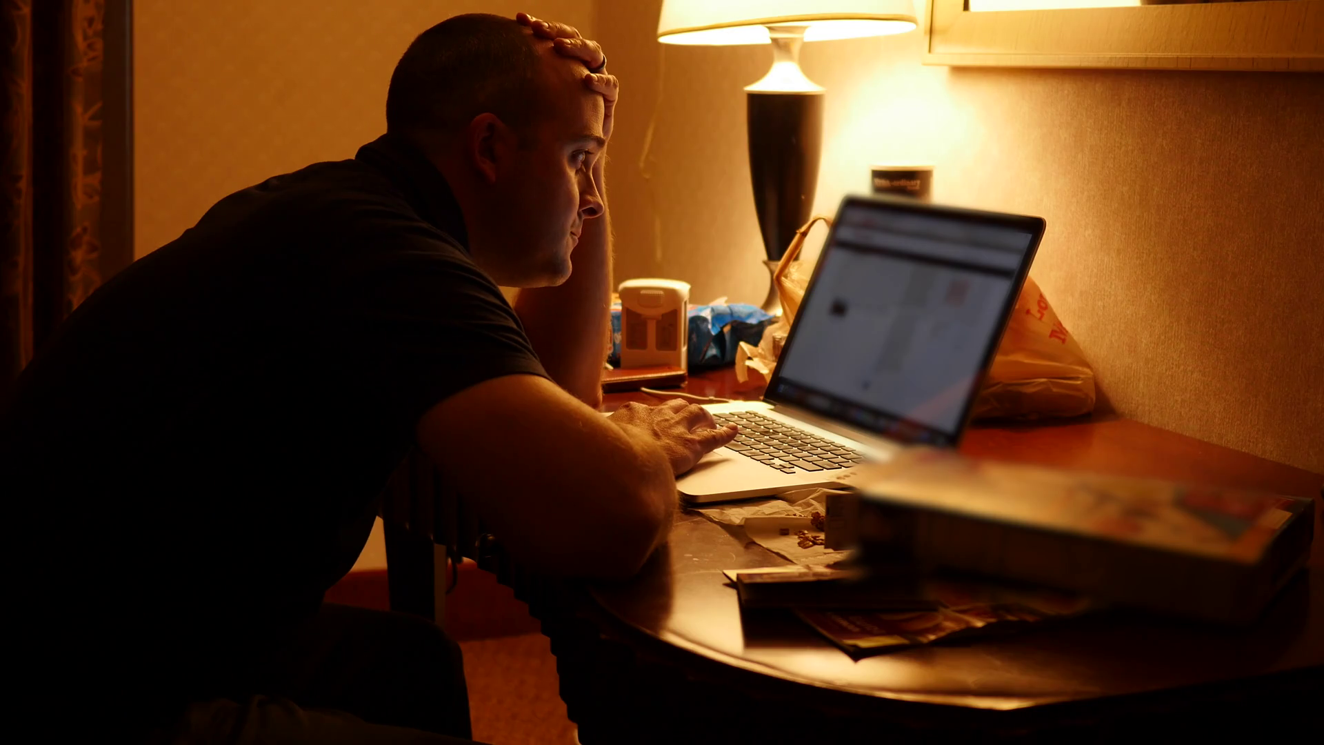 A Man Working In Dark Hotel Room At Night On Stock Footage SBV ...