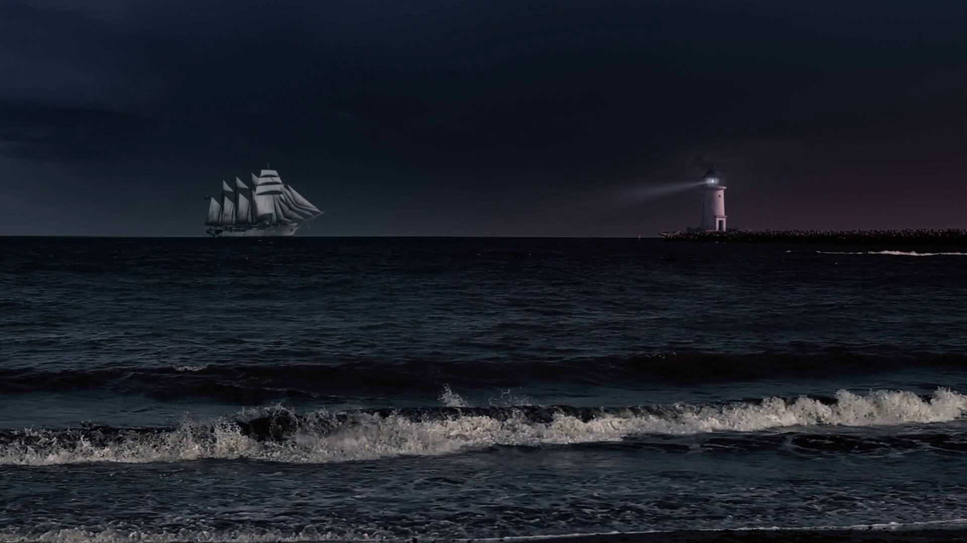 Lighthouse at night with rotating beam cuttings through foggy mist ...