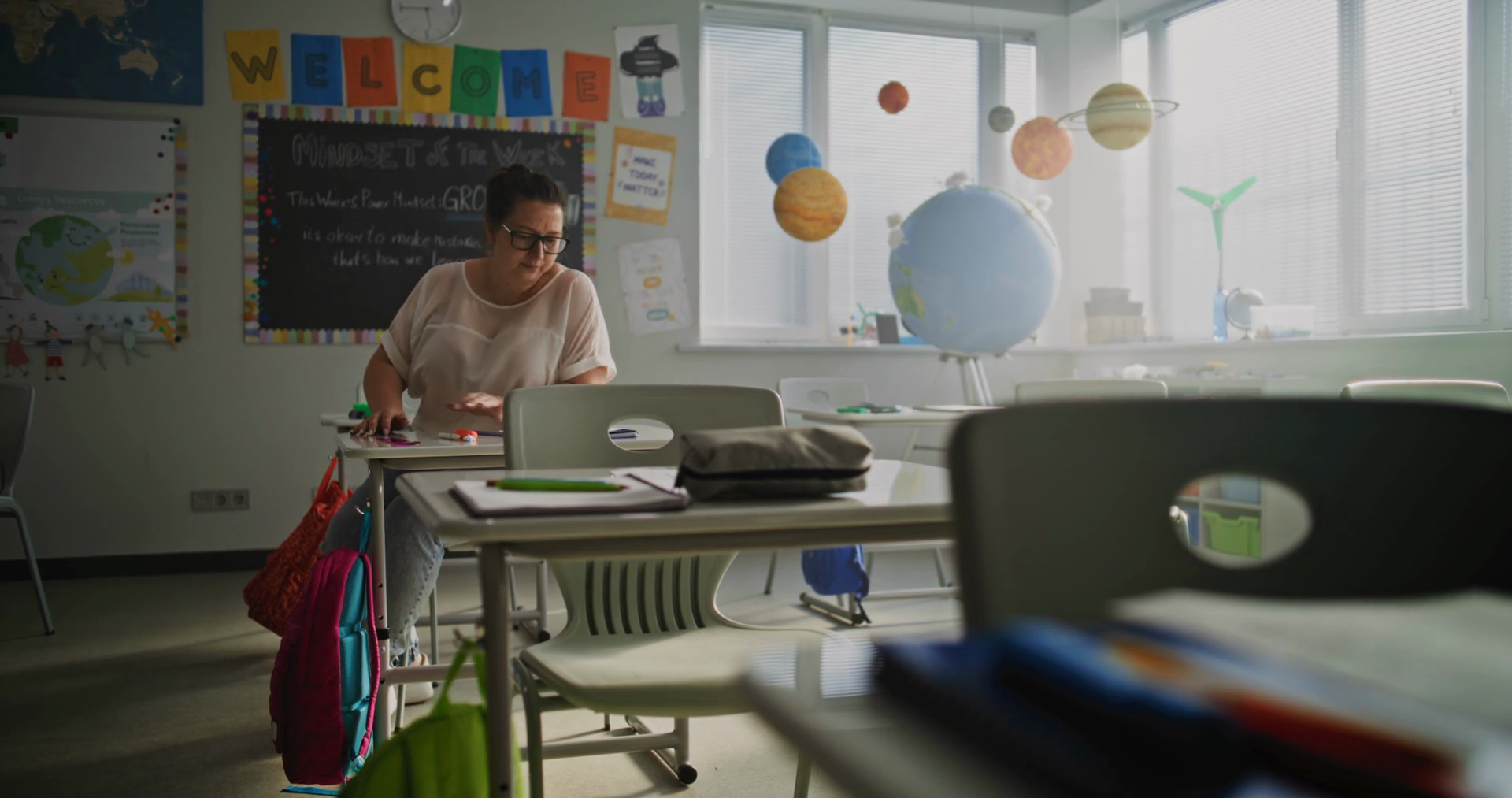 Exhausted Female Teacher Sitting Alone At Stock Footage SBV-352587999 ...