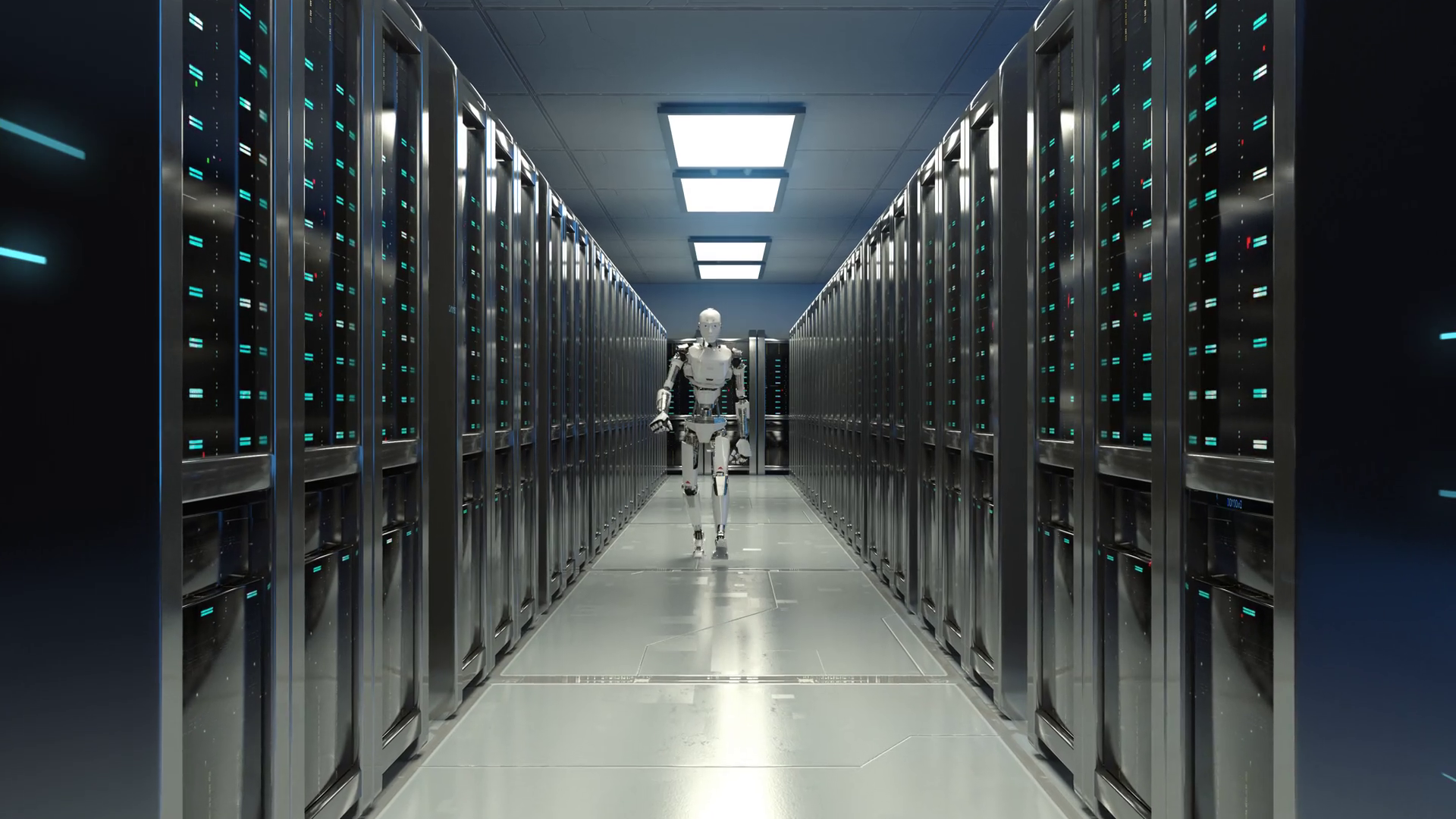 3D futuristic robot walking in aisle near telecommunication equipment ...