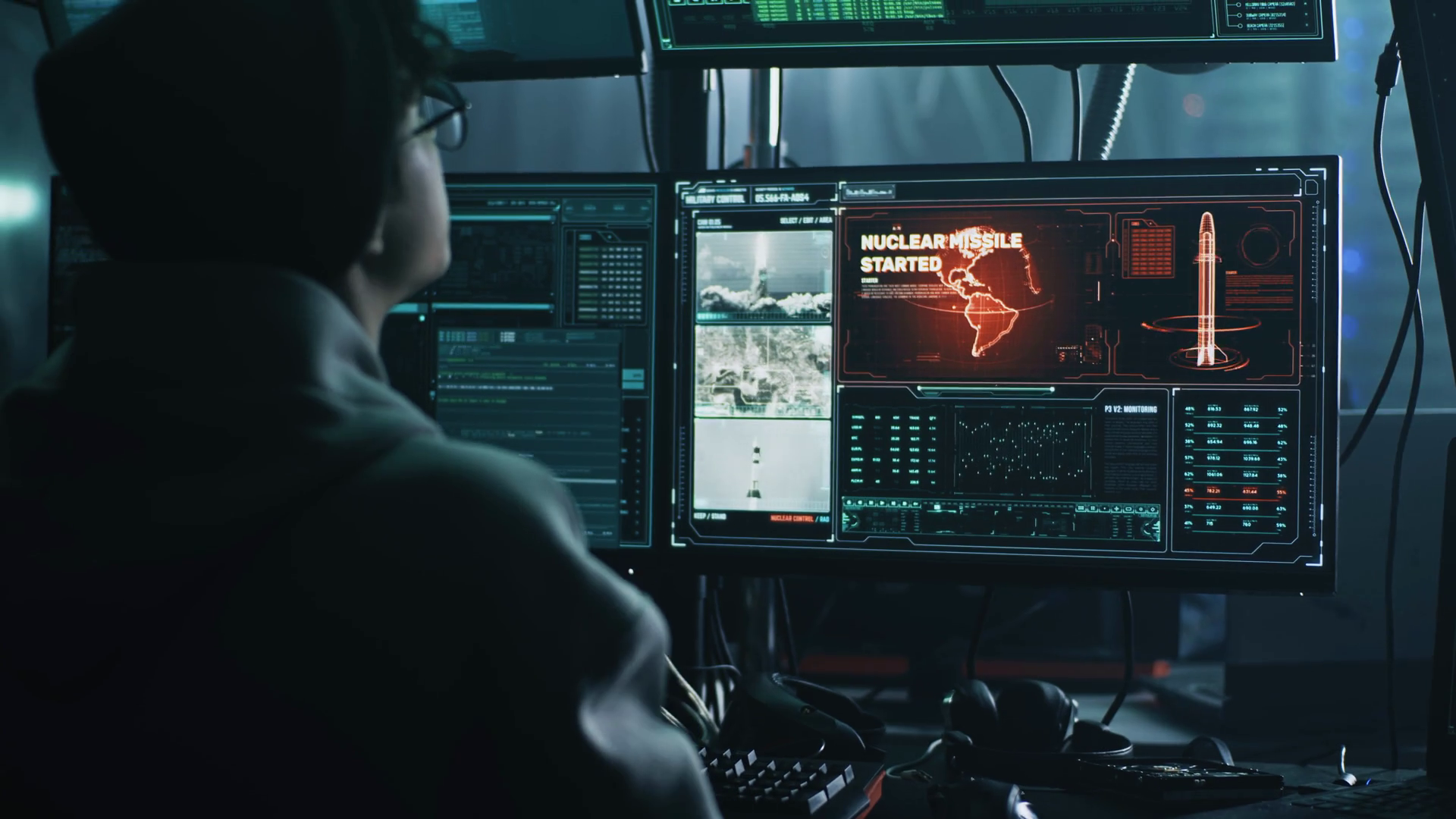 Young male hacker in hat and glasses using computers to hack nuclear ...