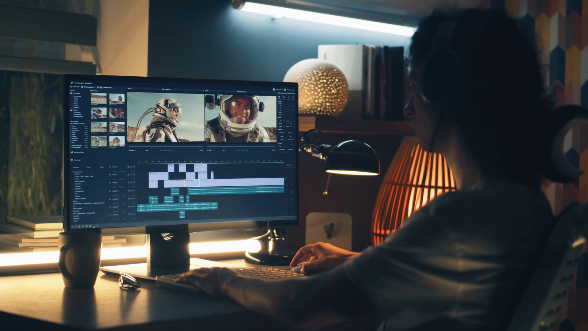 Guy in headphones editing video with astronauts for space blog in ...