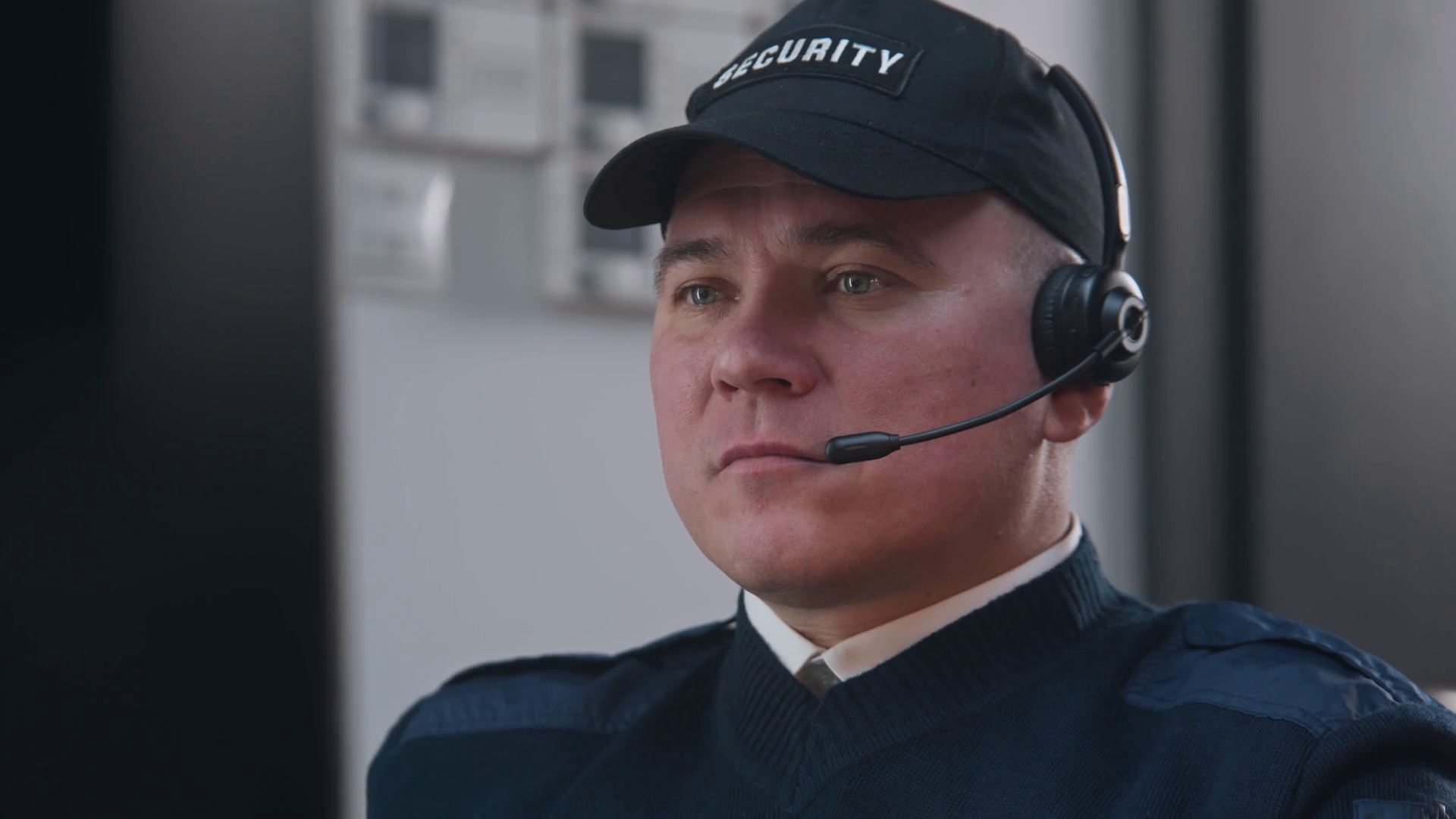 Focused Security Officer In Headphones Sits Stock Footage SBV-347480713 ...
