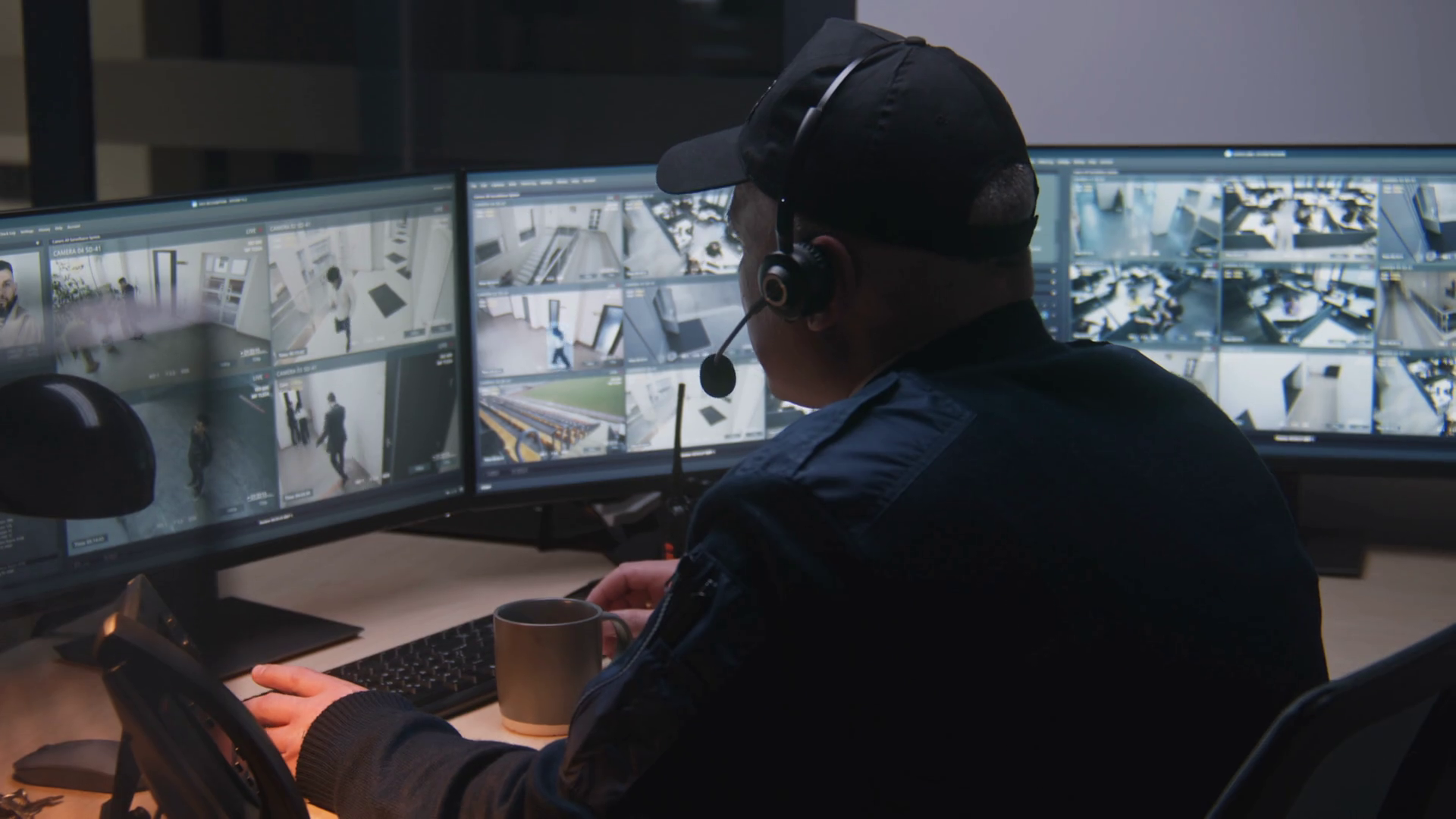 Security Guard In Headset Controls Cctv Stock Footage SBV-347480578 ...