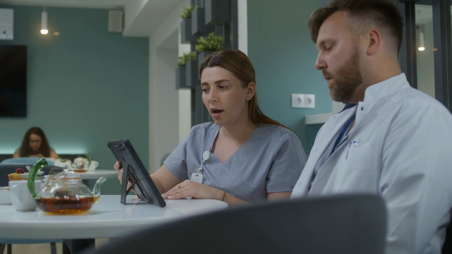 Diverse Doctors Sit In Modern Clinic Cafe Stock Footage SBV-348466426 ...