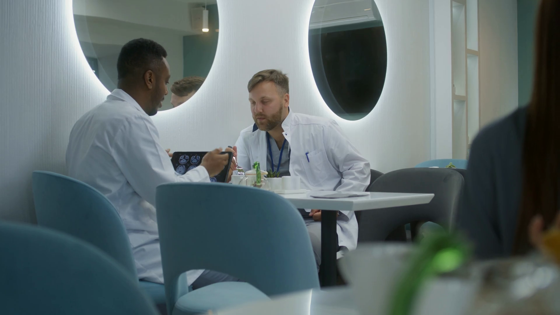 African American Doctor Sits In Clinic Cafe Stock Footage SBV-348466471 ...