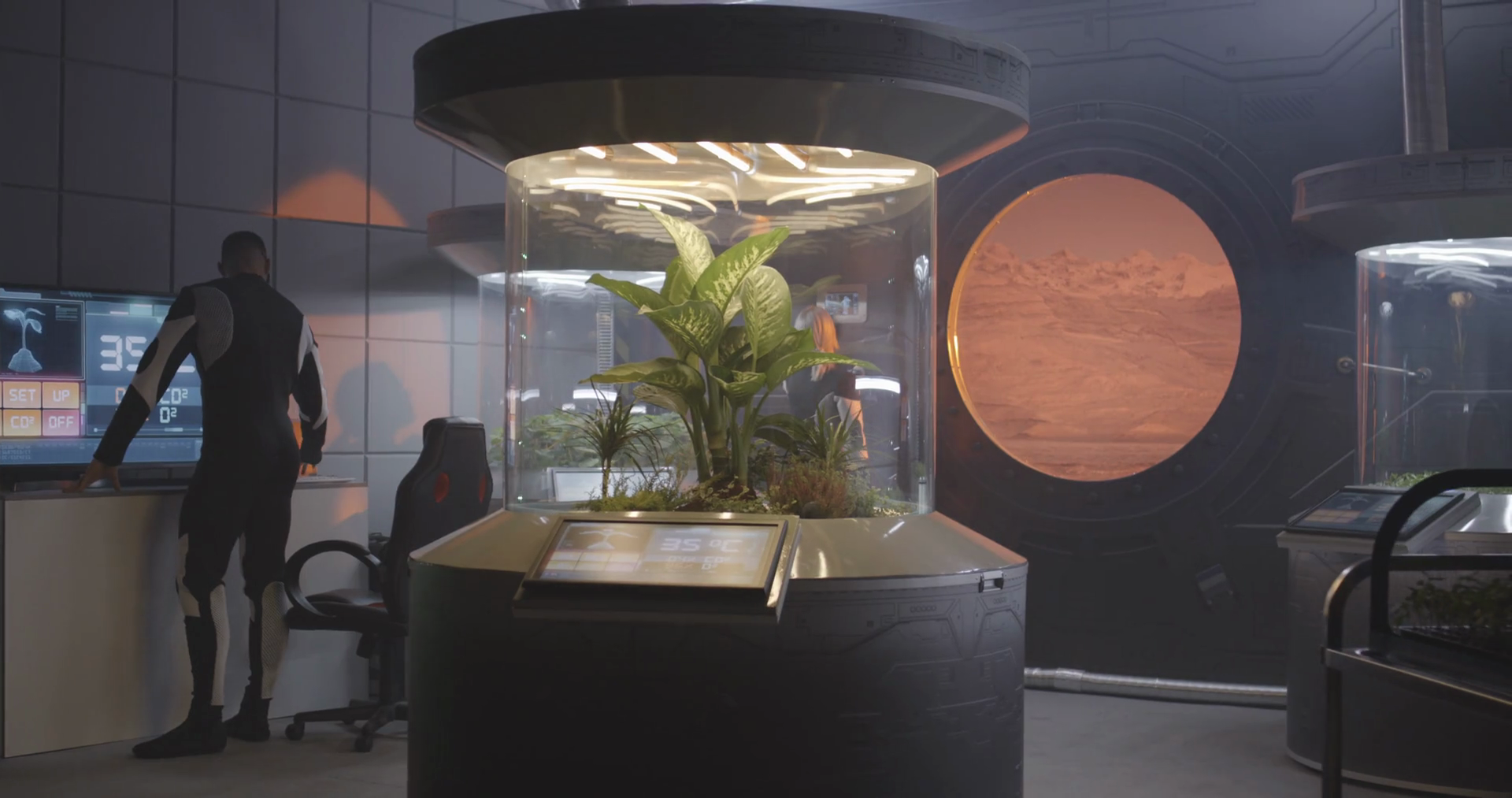 Full shot of biologists and humanoid robot working in laboratory of a ...