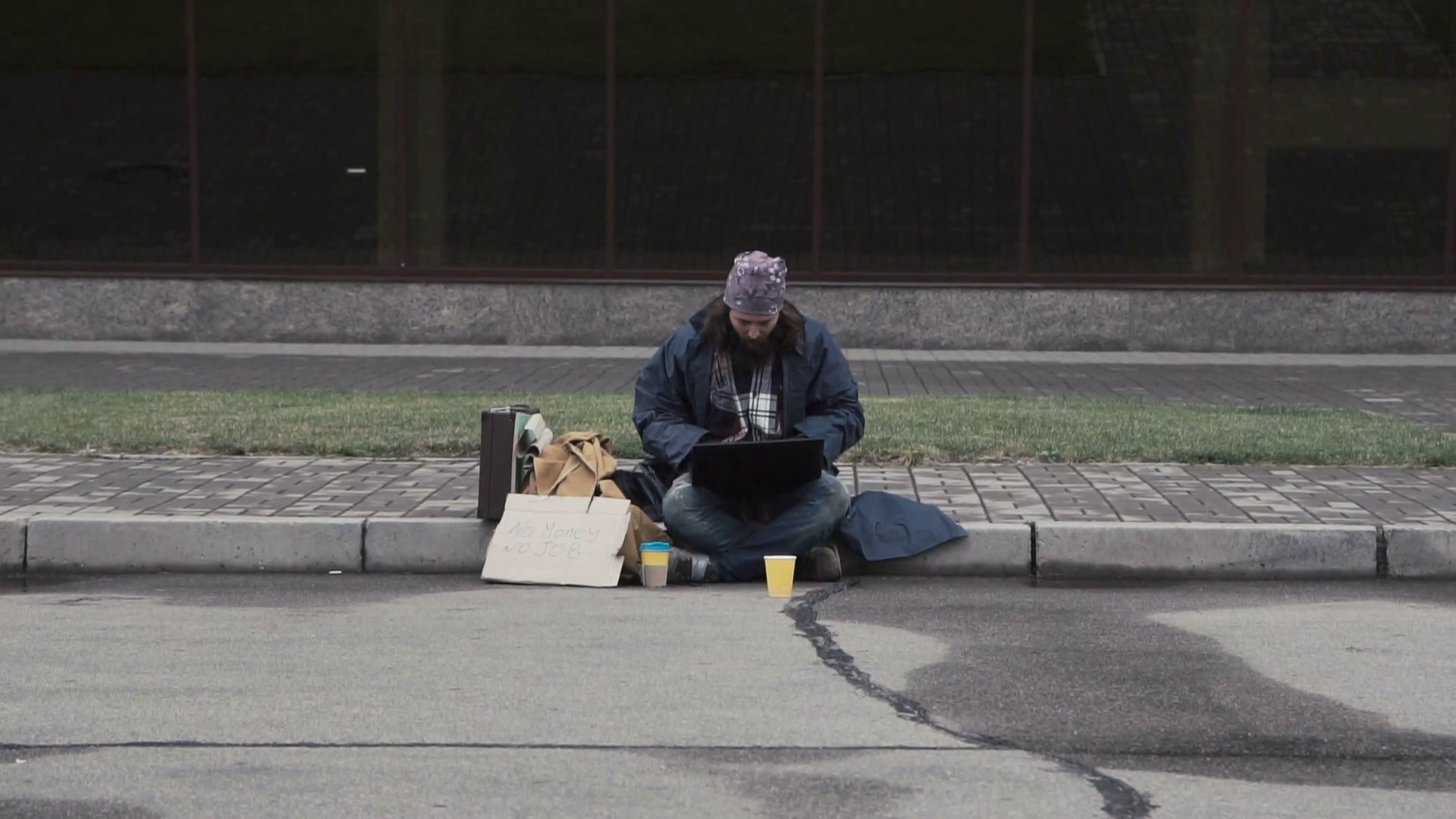 Homeless Man Sitting At Laptop Winning Lot Stock Footage SBV-318185451 ...