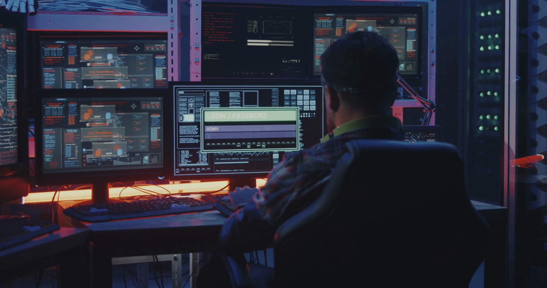 Medium close-up of a hacker intercepting a video call between two ...