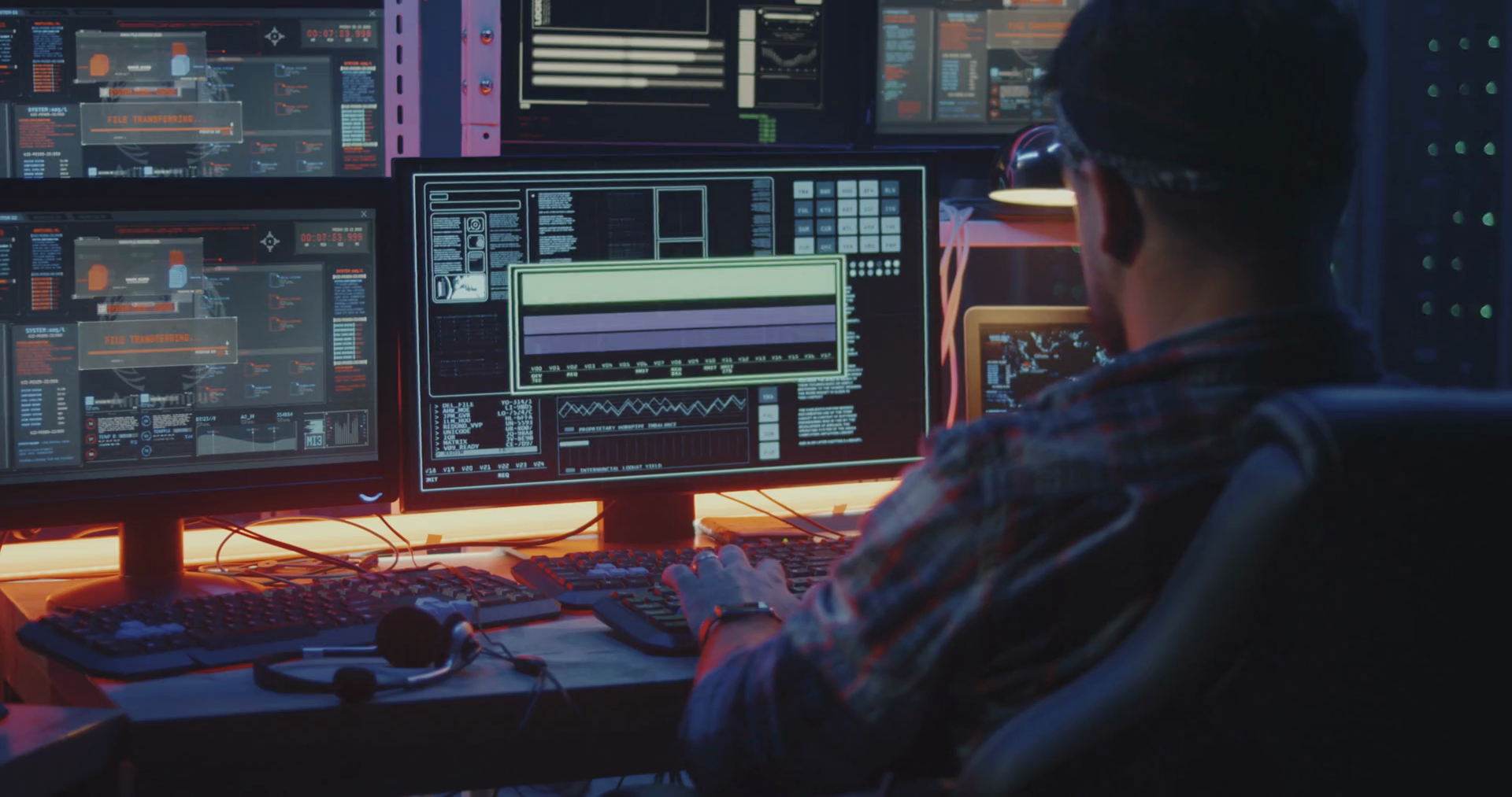 Medium close-up of a hacker intercepting a video call between two ...