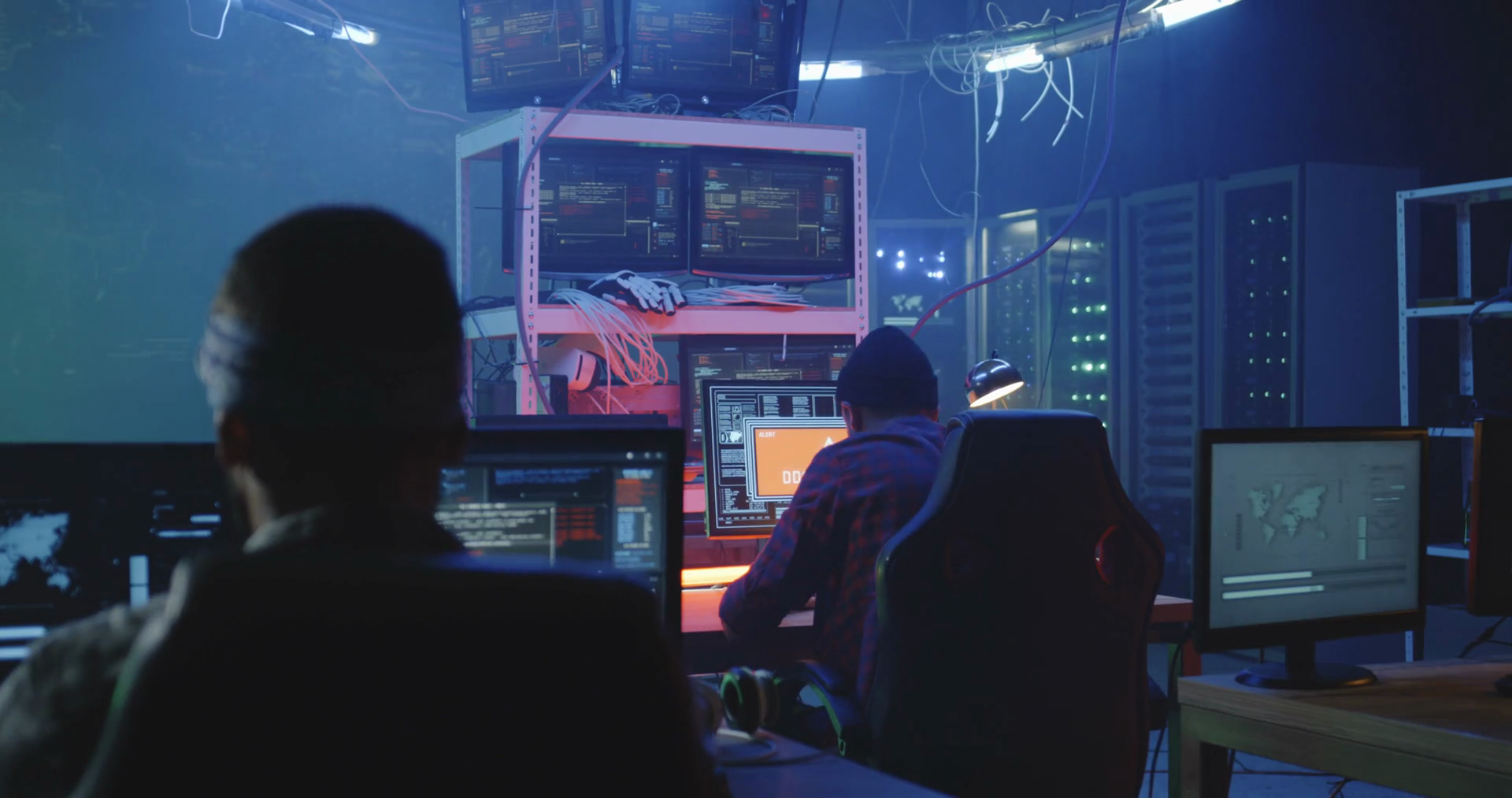 Medium Shot Of Hacker Team Working In Dim Stock Footage SBV-337706326 ...