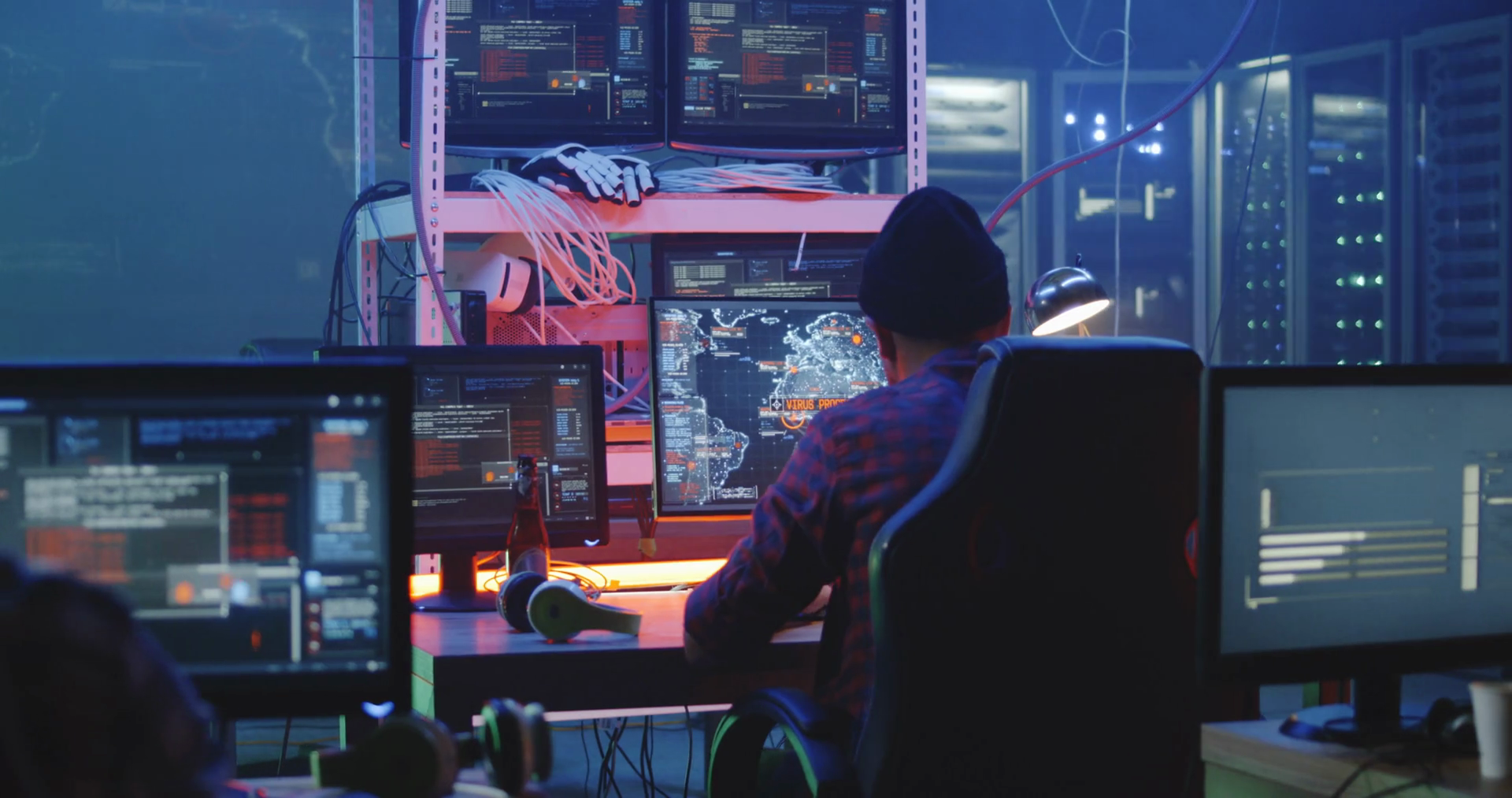 Medium Shot Of Hacker Team Working In Dim Stock Footage SBV-337706310 ...