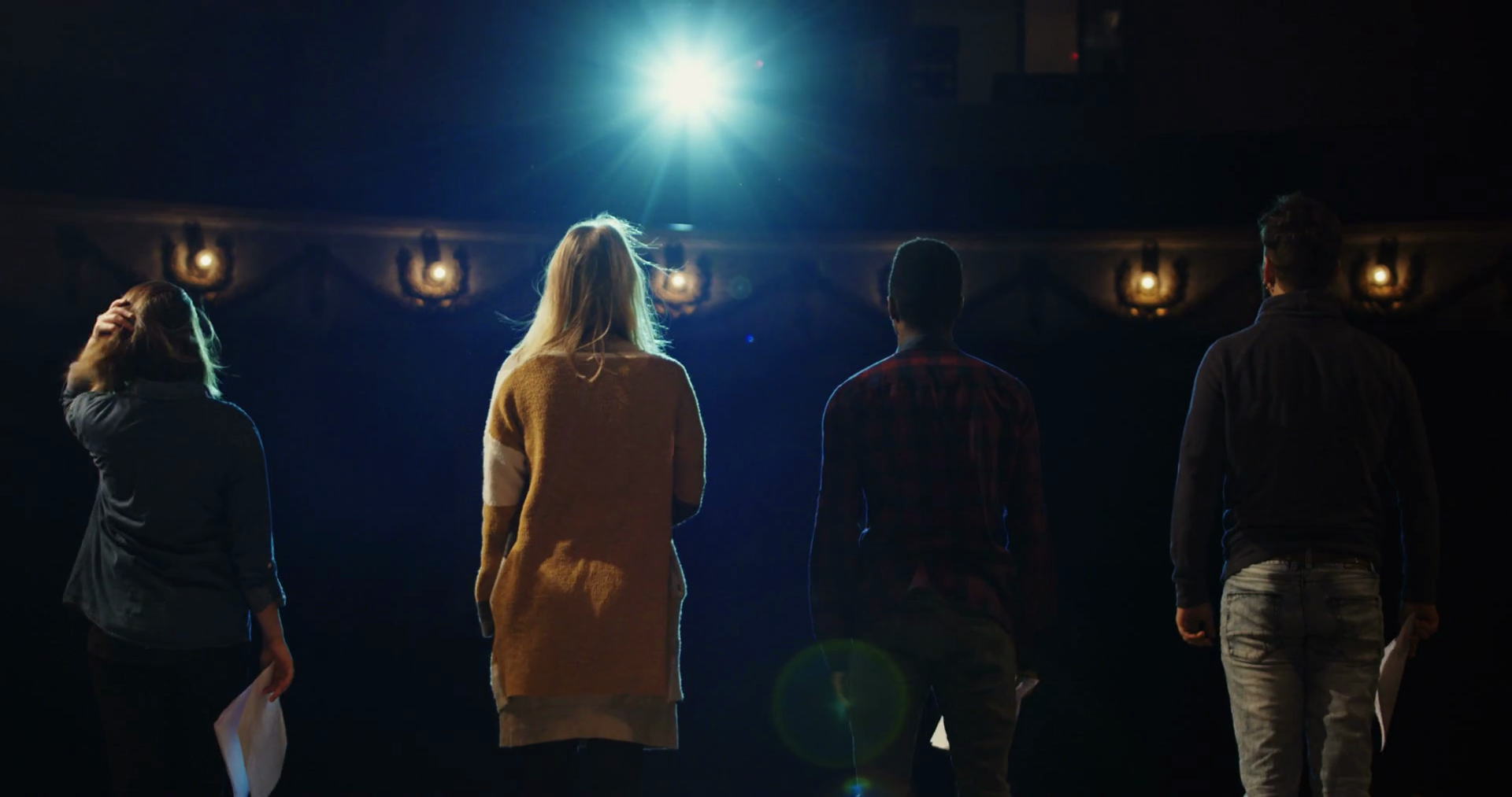 Slow motion of actors and actresses bowing to audience in a theater ...