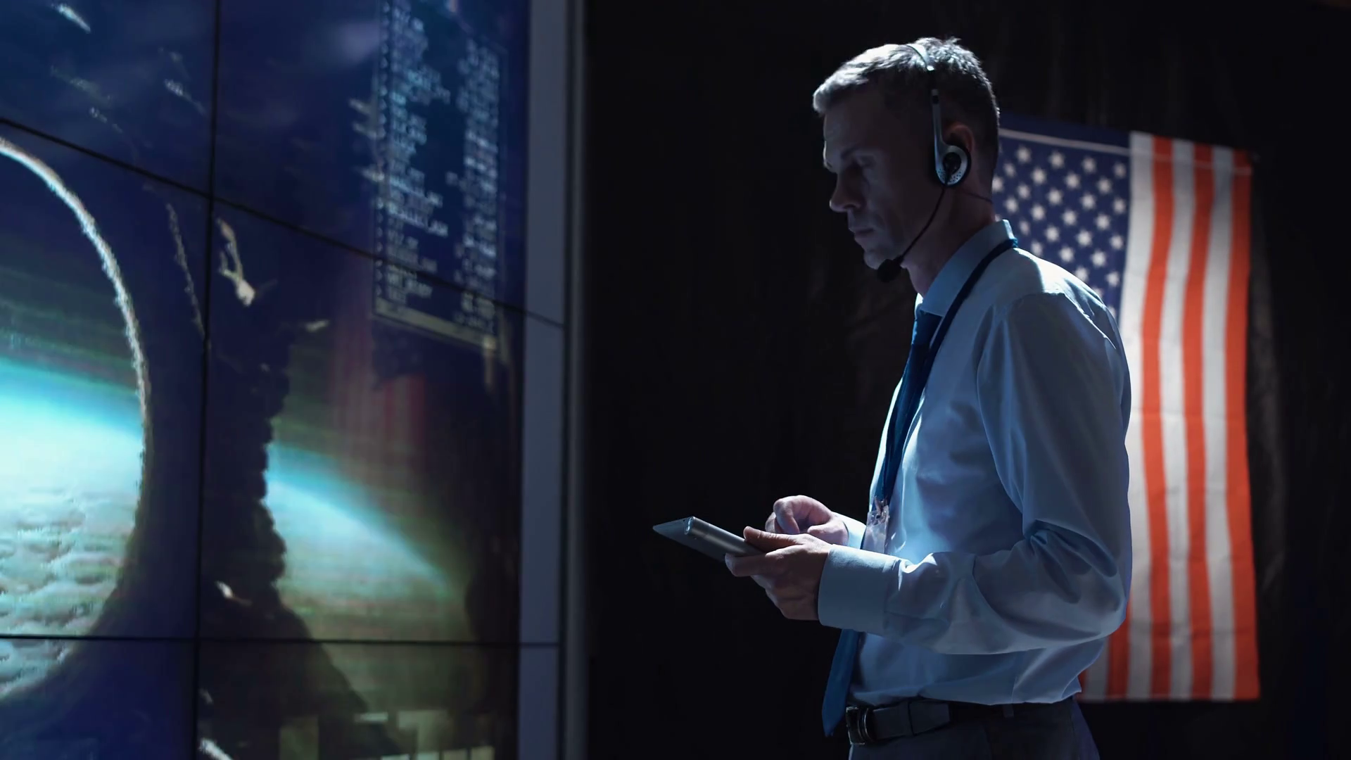 Supervisor Man Standing With Tablet In Space Stock Footage SBV ...