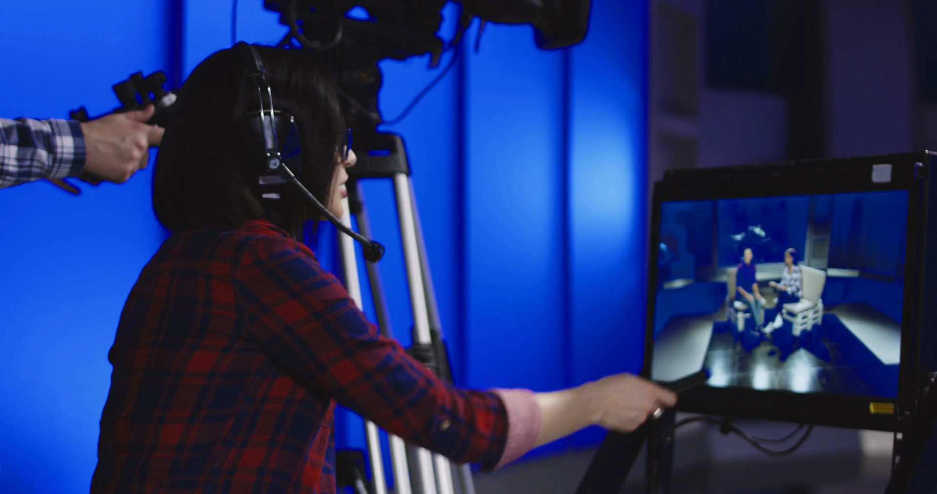 Woman Wearing Headset Sitting Behind Monitor Stock Footage SBV ...