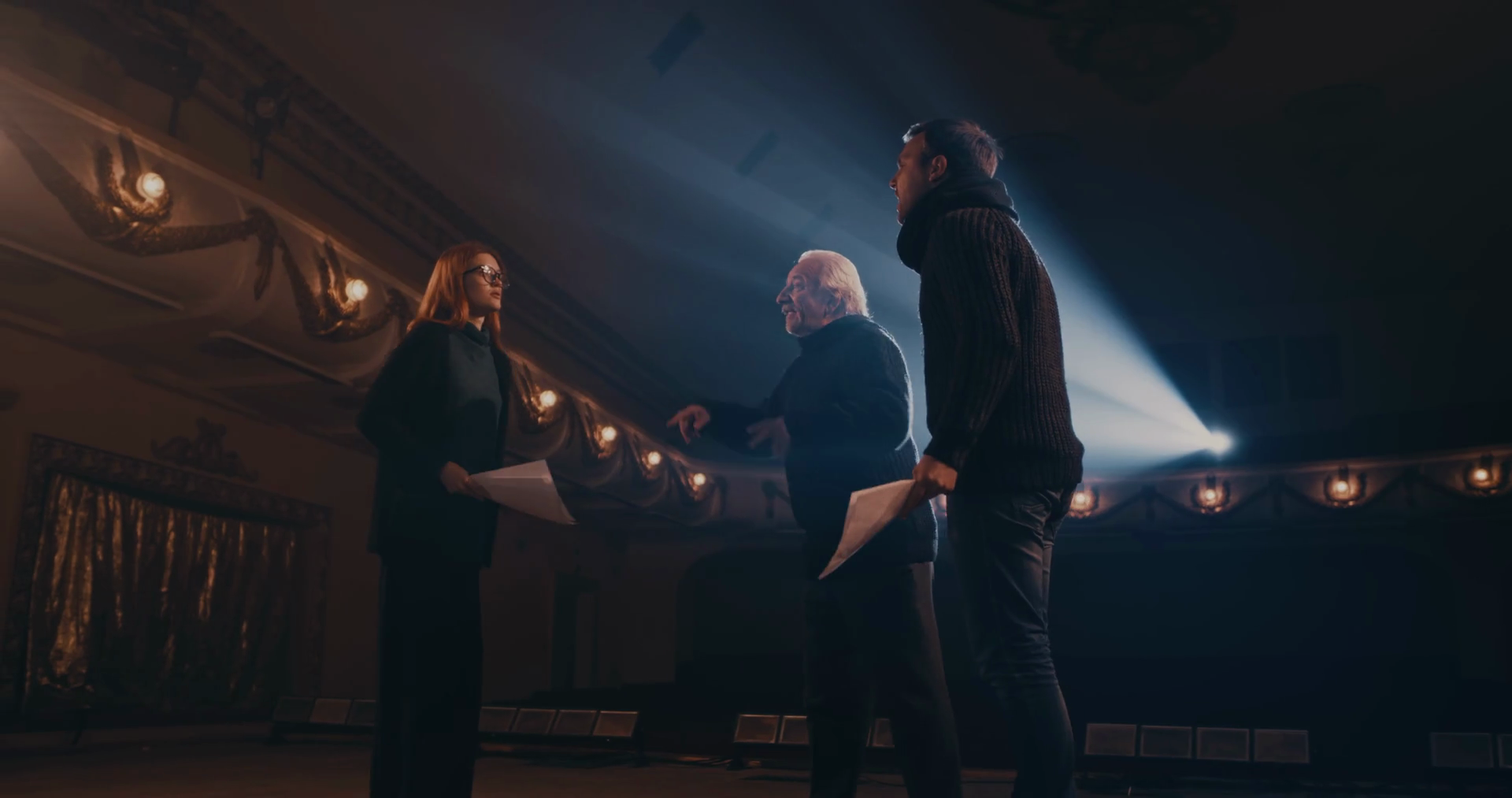 Zoom out view of angry actress shouting at actors then throwing papers ...